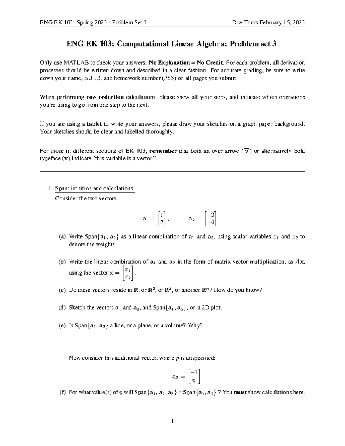 PS3-problem set 3: 100% - ENG EK 103: Computational Linear Algebra: Problem set 3 Only use ...