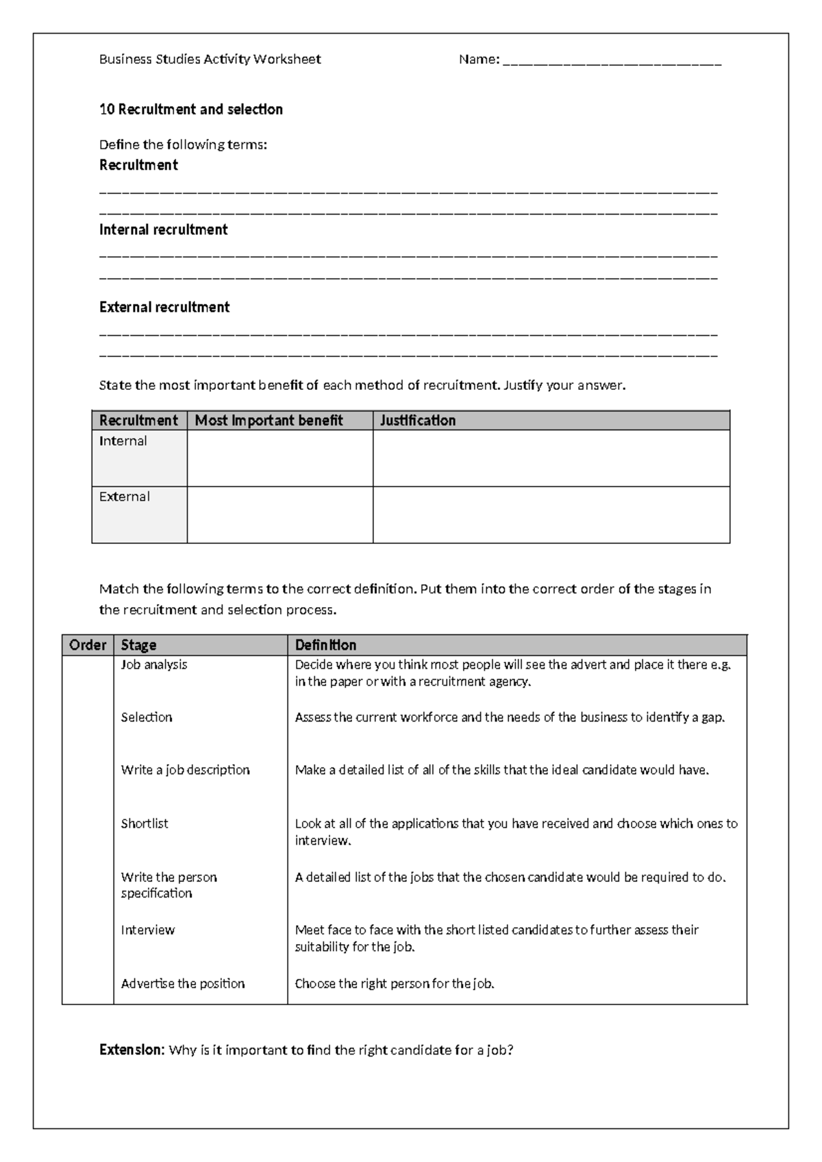 10 recruitment and selection - Business Studies Activity Worksheet Name ...