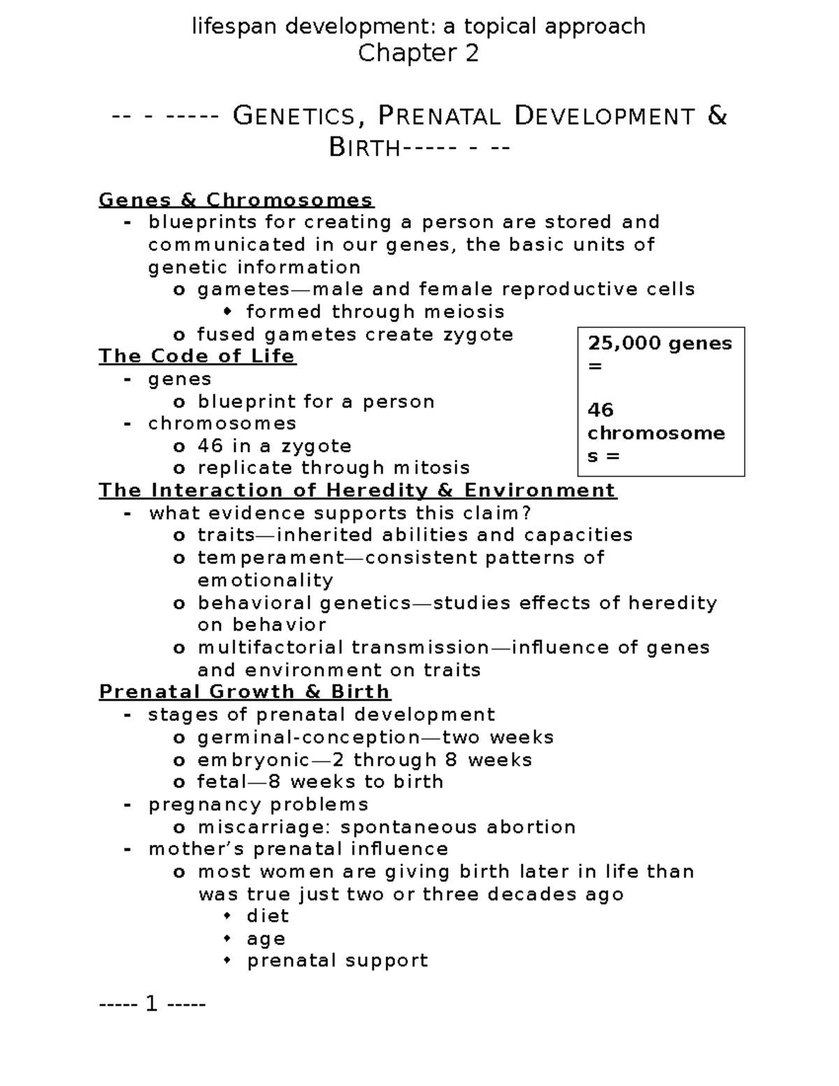 Chapter 2 notes - Prof. Pollack - GENETICS, PRENATAL DEVELOPMENT ...
