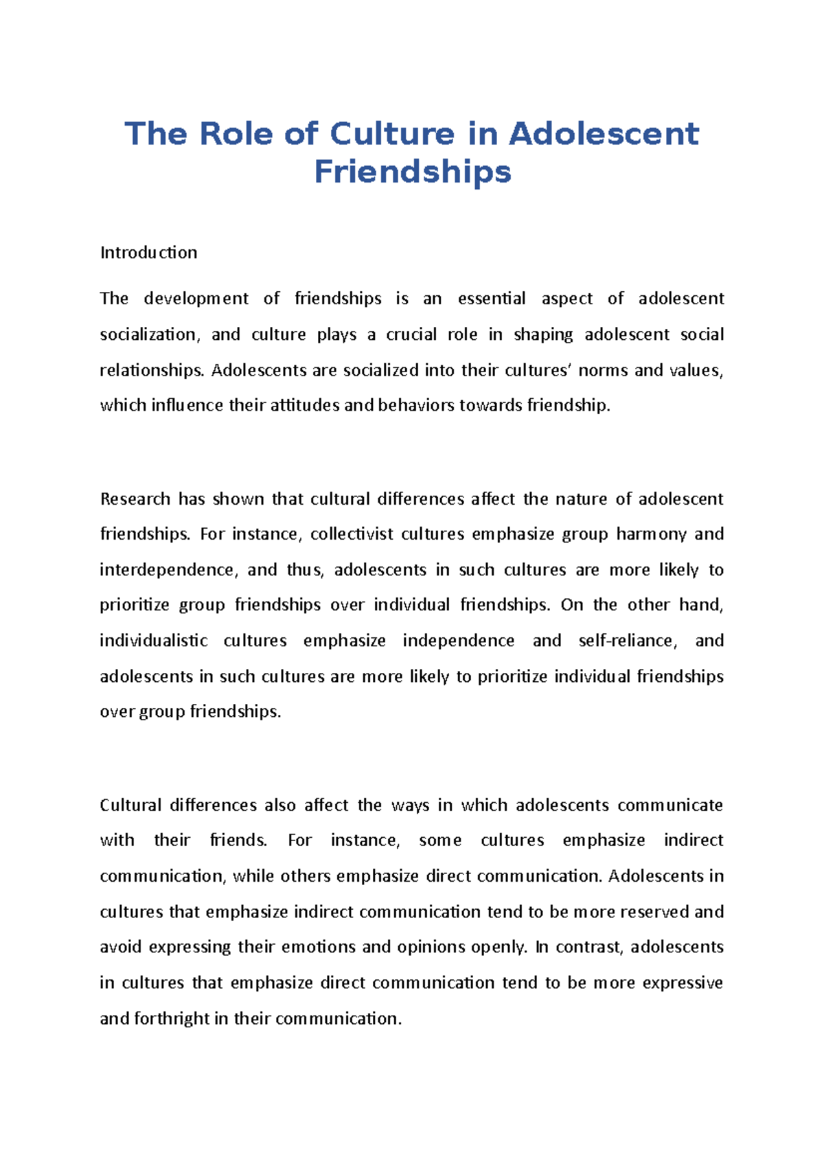 The Role of Culture in Adolescent Friendships - The Role of Culture in ...