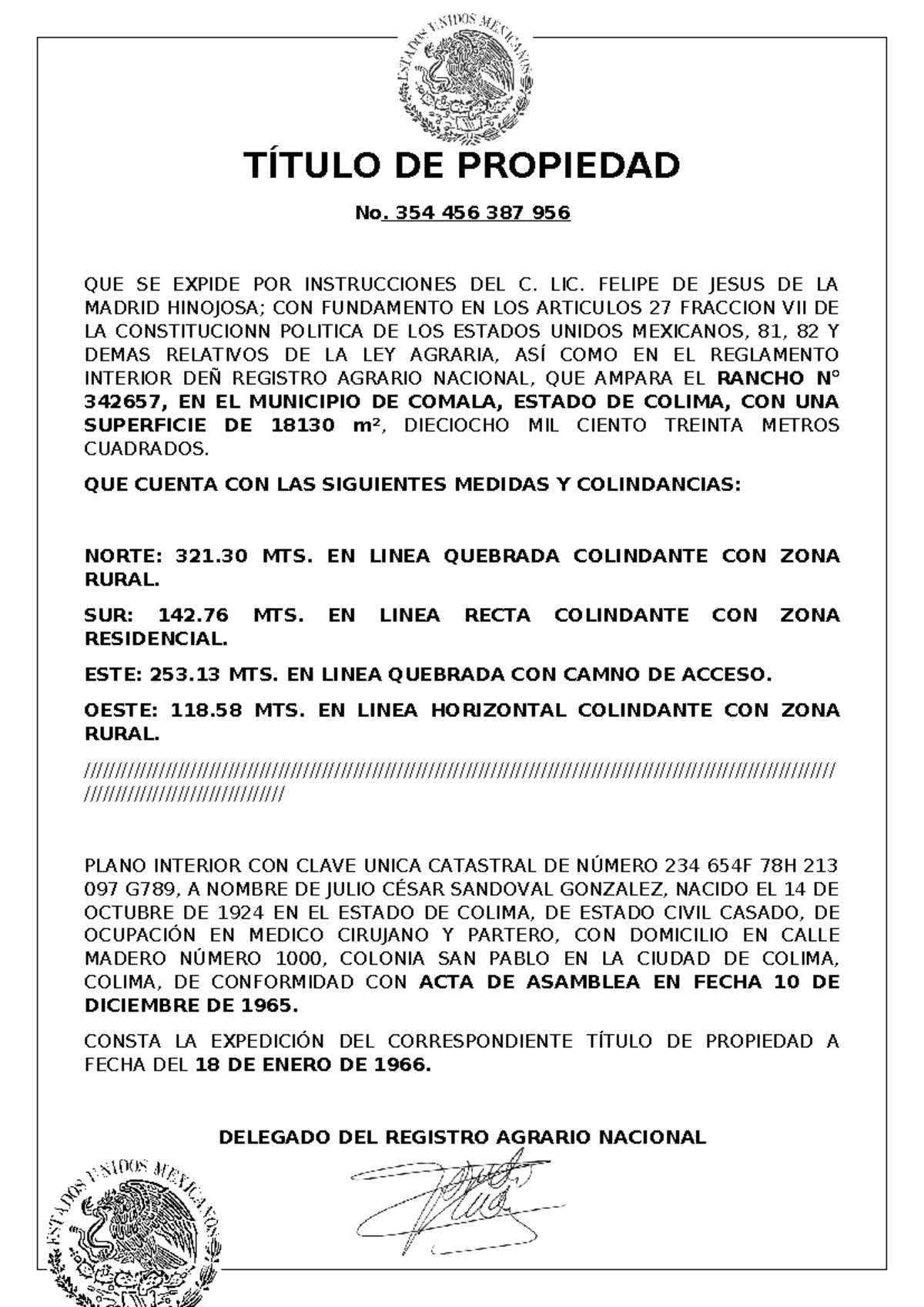 Título DE Propiedad - TÍTULO DE PROPIEDAD No. 354 456 387 956 QUE SE EXPIDE POR INSTRUCCIONES ...