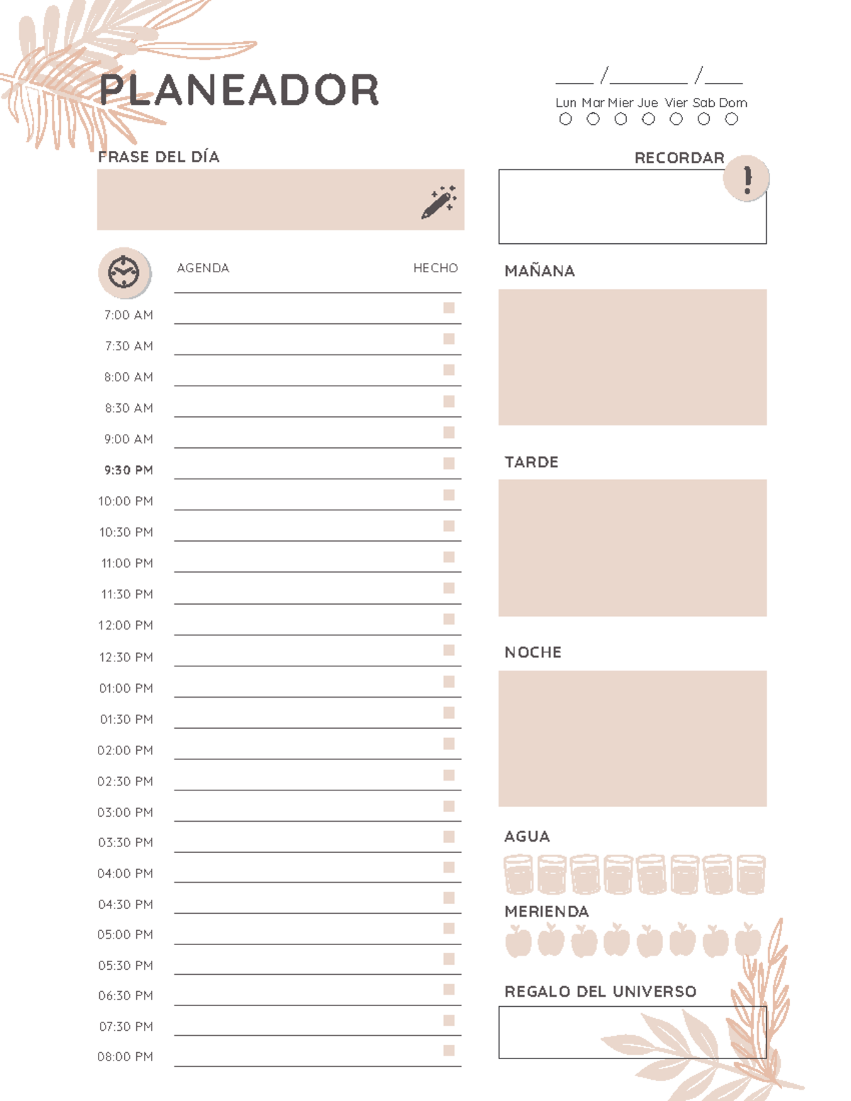 Planeador - Plantilla para organizar su dia - Lun Mar Mier Jue Vier Sab ...