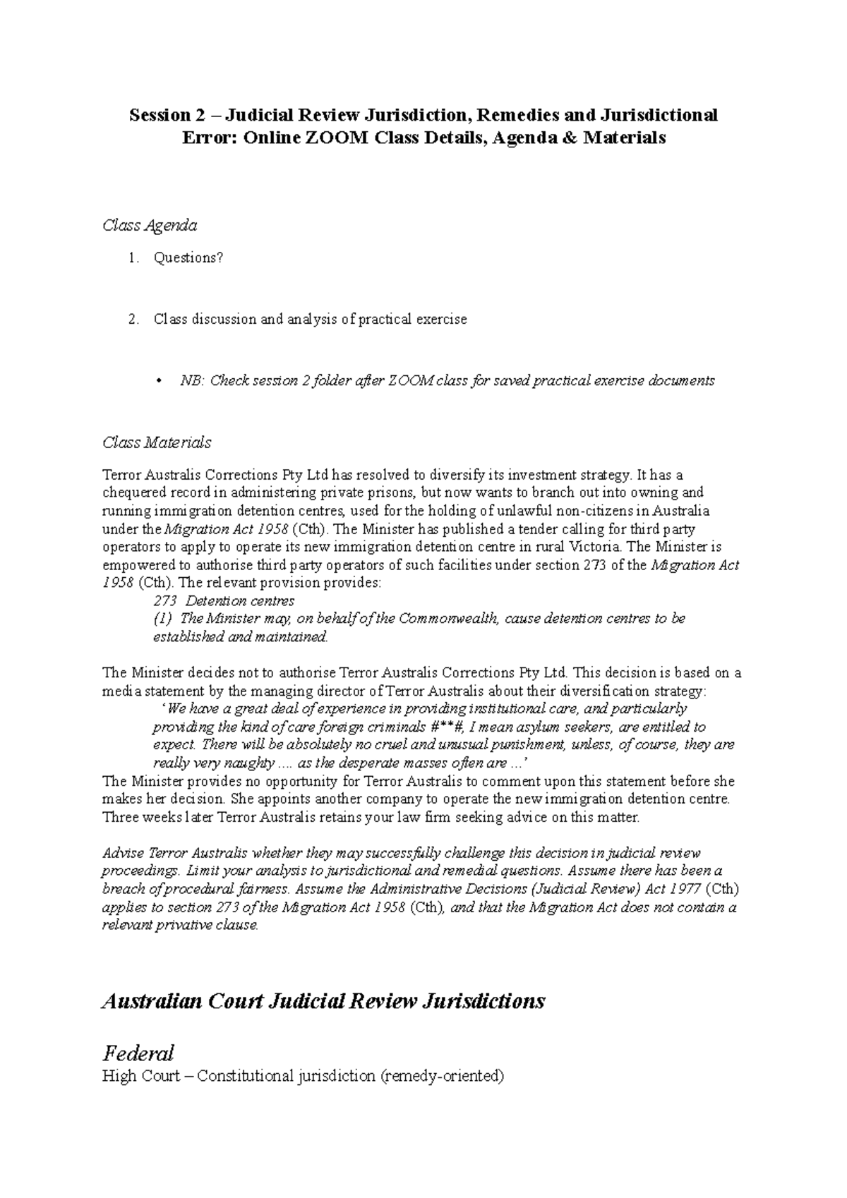 Session 2 class analysis - Session 2 – Judicial Review Jurisdiction ...