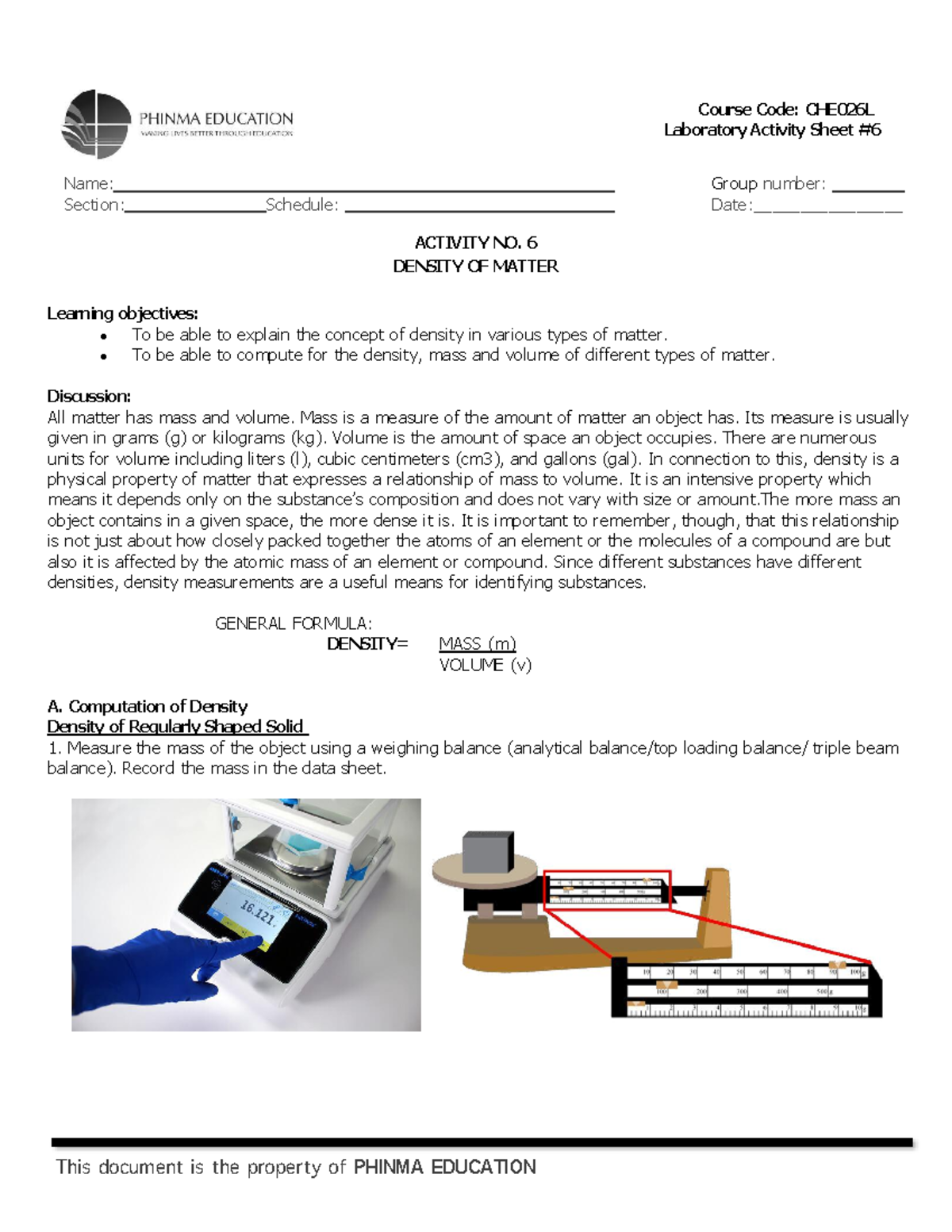 CHE 026 L LAS 6 Density of Matter - Laboratory Activity Sheet # 6 Name ...