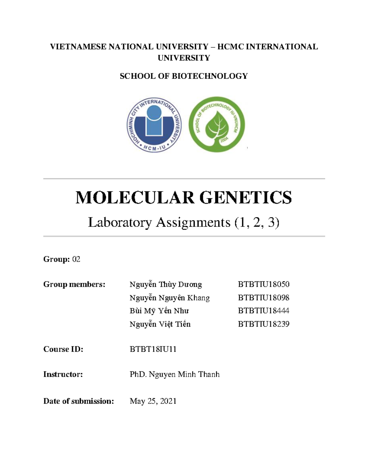 Lab Assignment 1 2 3 Group 2 Molecular Genetics - VIETNAMESE NATIONAL ...