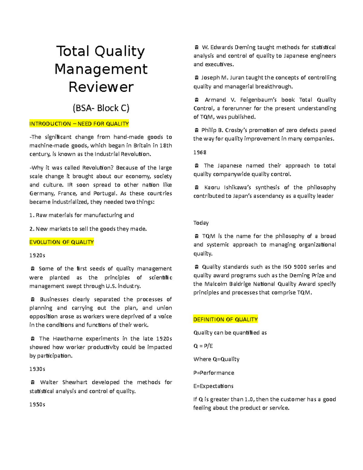 TQM-Reviewer - reviewer for 1st yr 1st sem - Total Quality Management ...