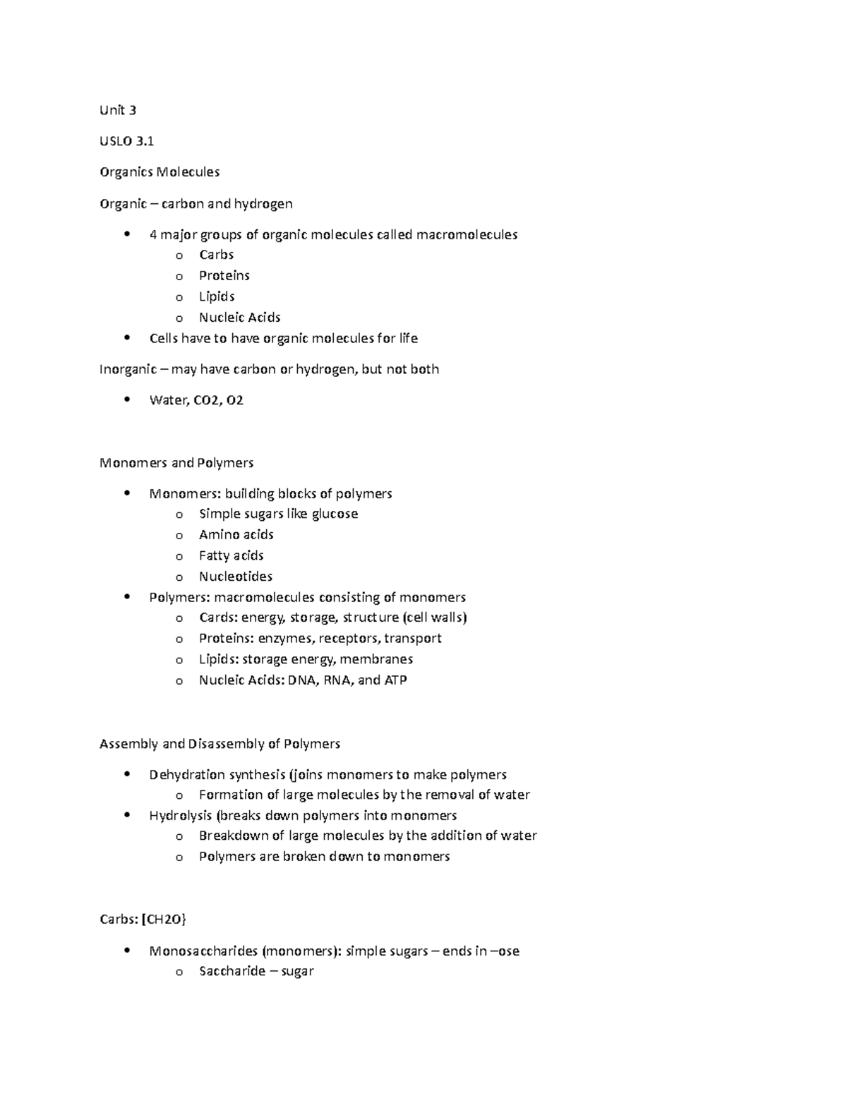 Microbiology UNit3 nootes - Unit 3 USLO 3. Organics Molecules Organic ...