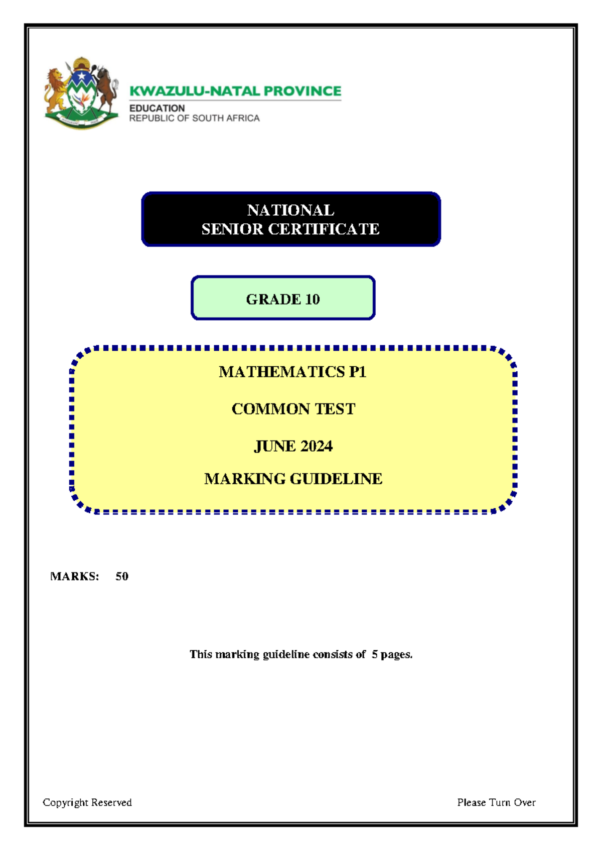 Maths P1 GR 10 JUNE 2024 MEMO - MARKS: 50 This marking guideline ...