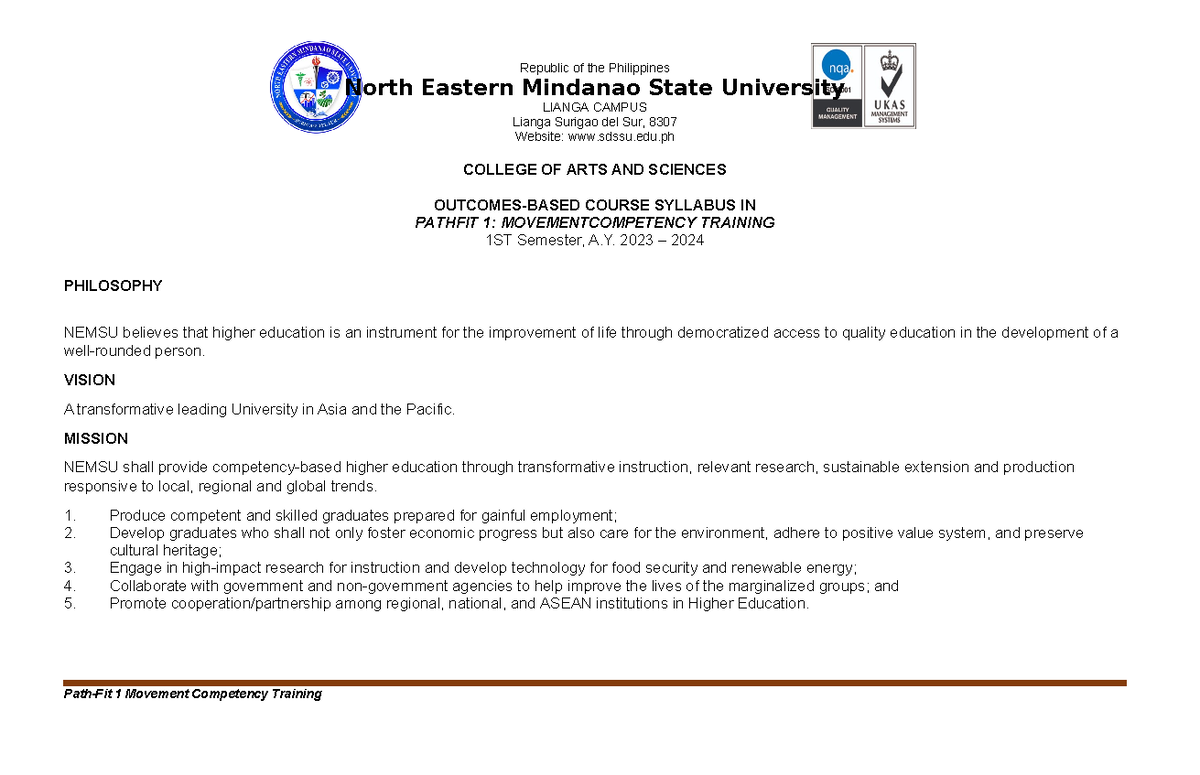 Syllabus BSMB PATH FIT 1 NEW - North Eastern Mindanao State University ...