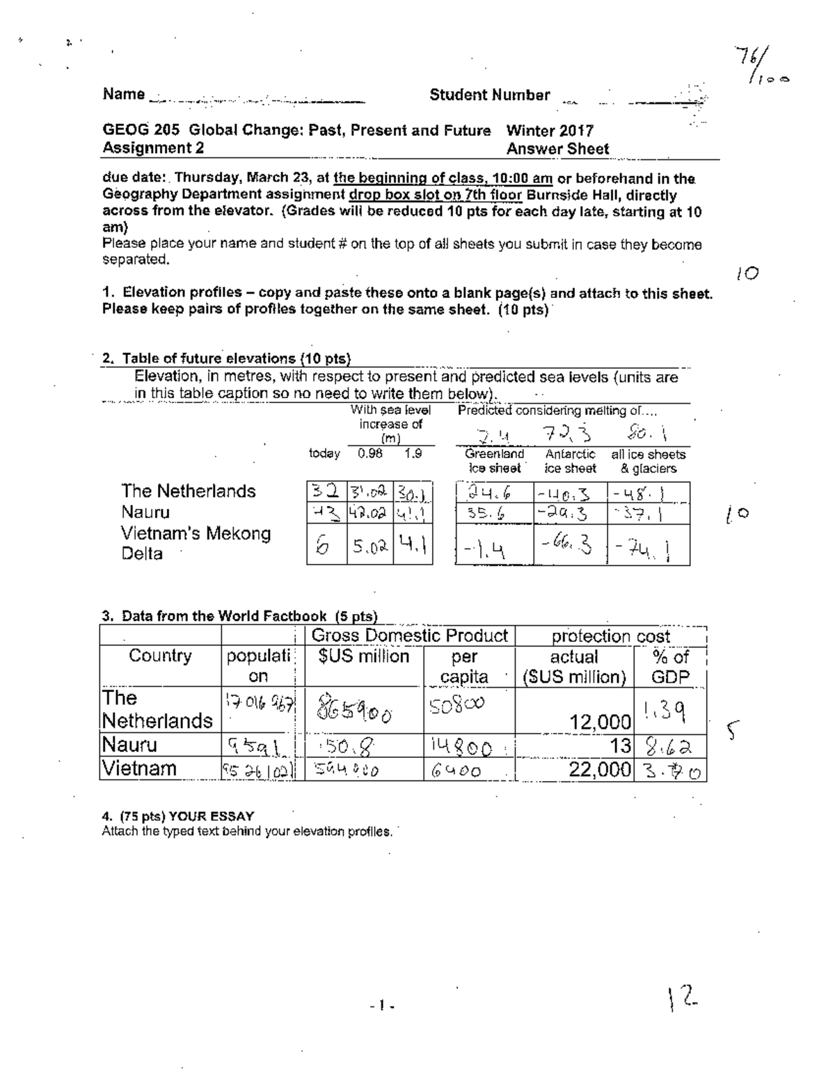 GEOG 205 Assignment 2 W2017 - Name . , V. Student Number .m GEOG 205 ...