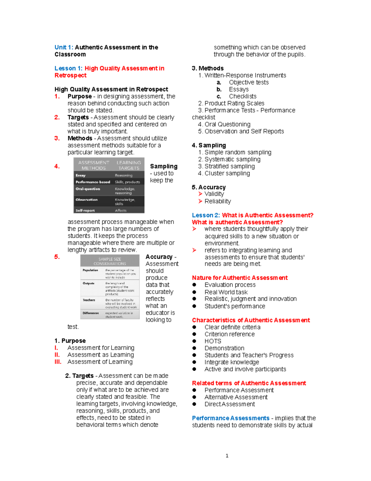 Assessmen Learning 2 Reviewer Lesson 1-3 - Unit 1: Authentic Assessment in the Classroom Lesson ...