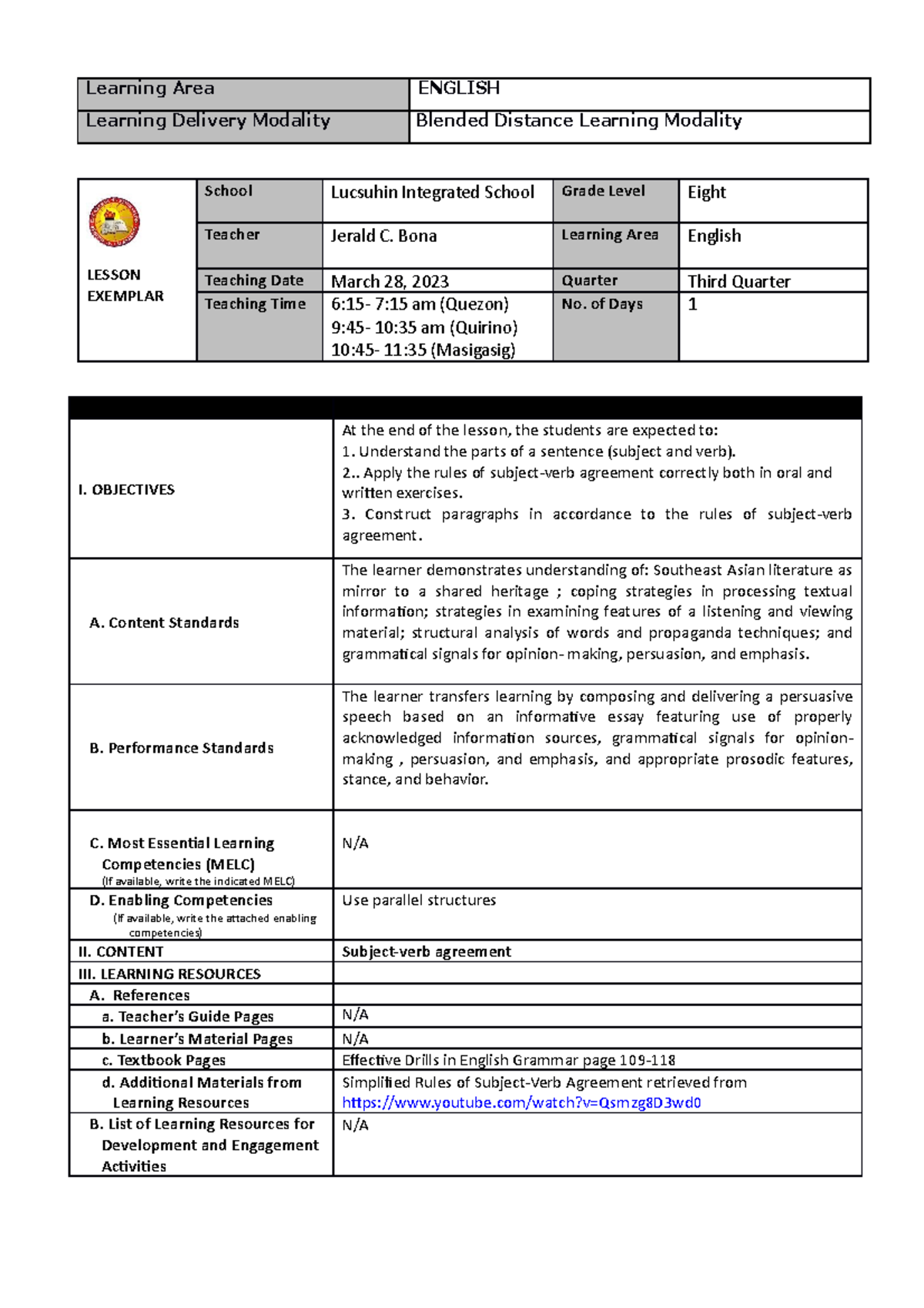 DLP-Week 7 (Day 2) - Subject-Verb Agreement - Learning Area ENGLISH ...