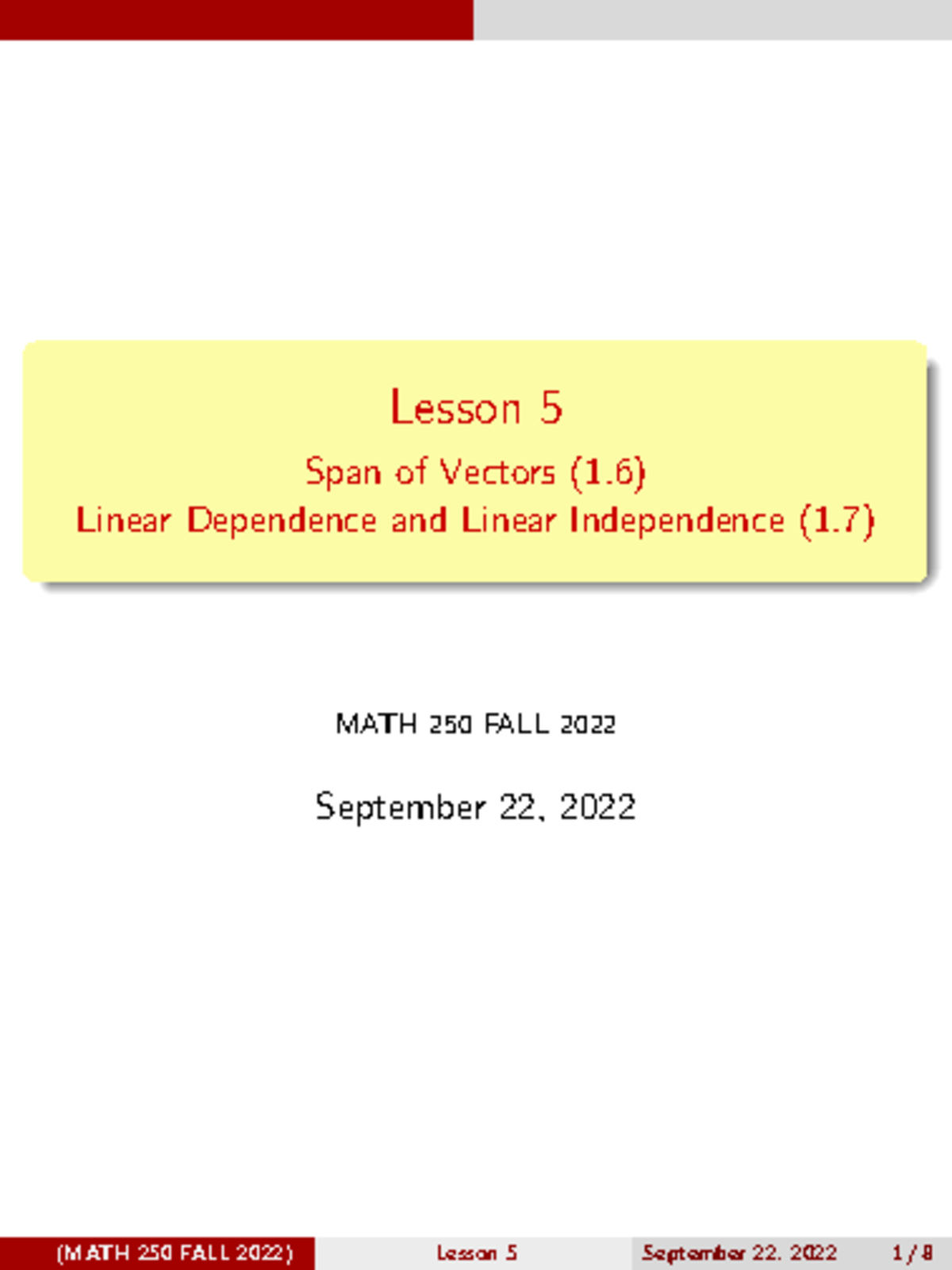 Math250 handout 5 - notes on span of vectors - Lesson 5 Span of Vectors ...