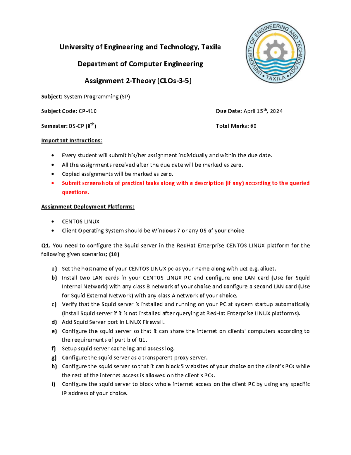 Assignment no 2 Theory - sp lab - University of Engineering and Technology, Taxila Department of ...
