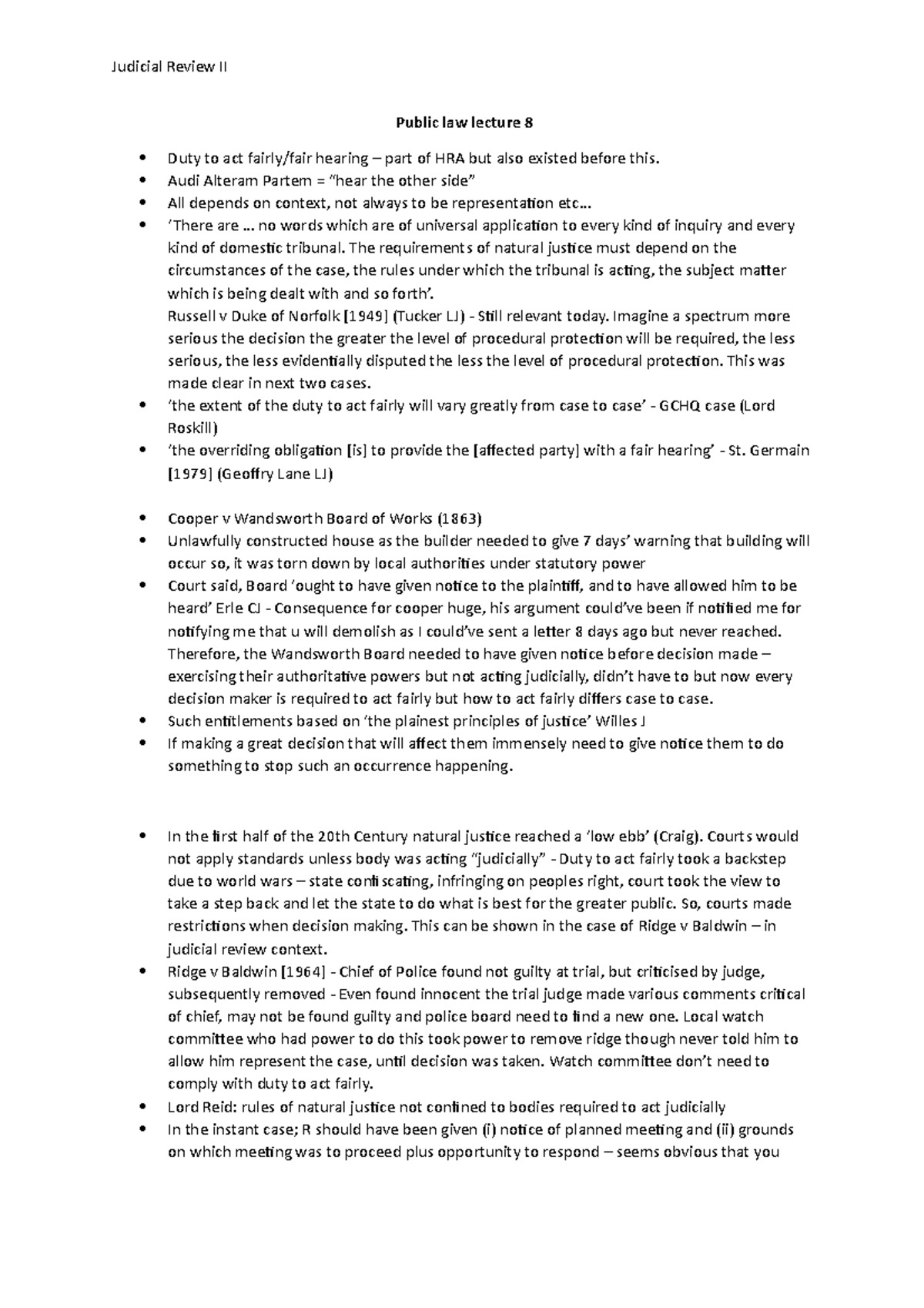 8 - judicial review II - Lecture notes 8 - Public law lecture 8 Duty to ...