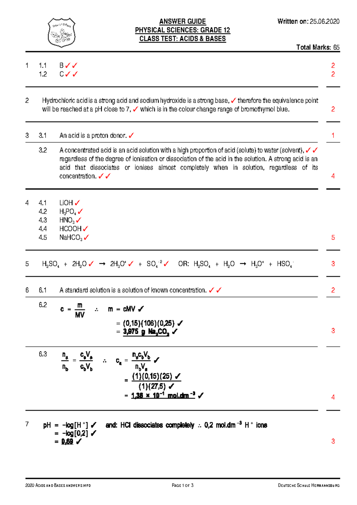 2020 Acids and Bases Test Answers - ANSWER GUIDE Written on: 25 ...