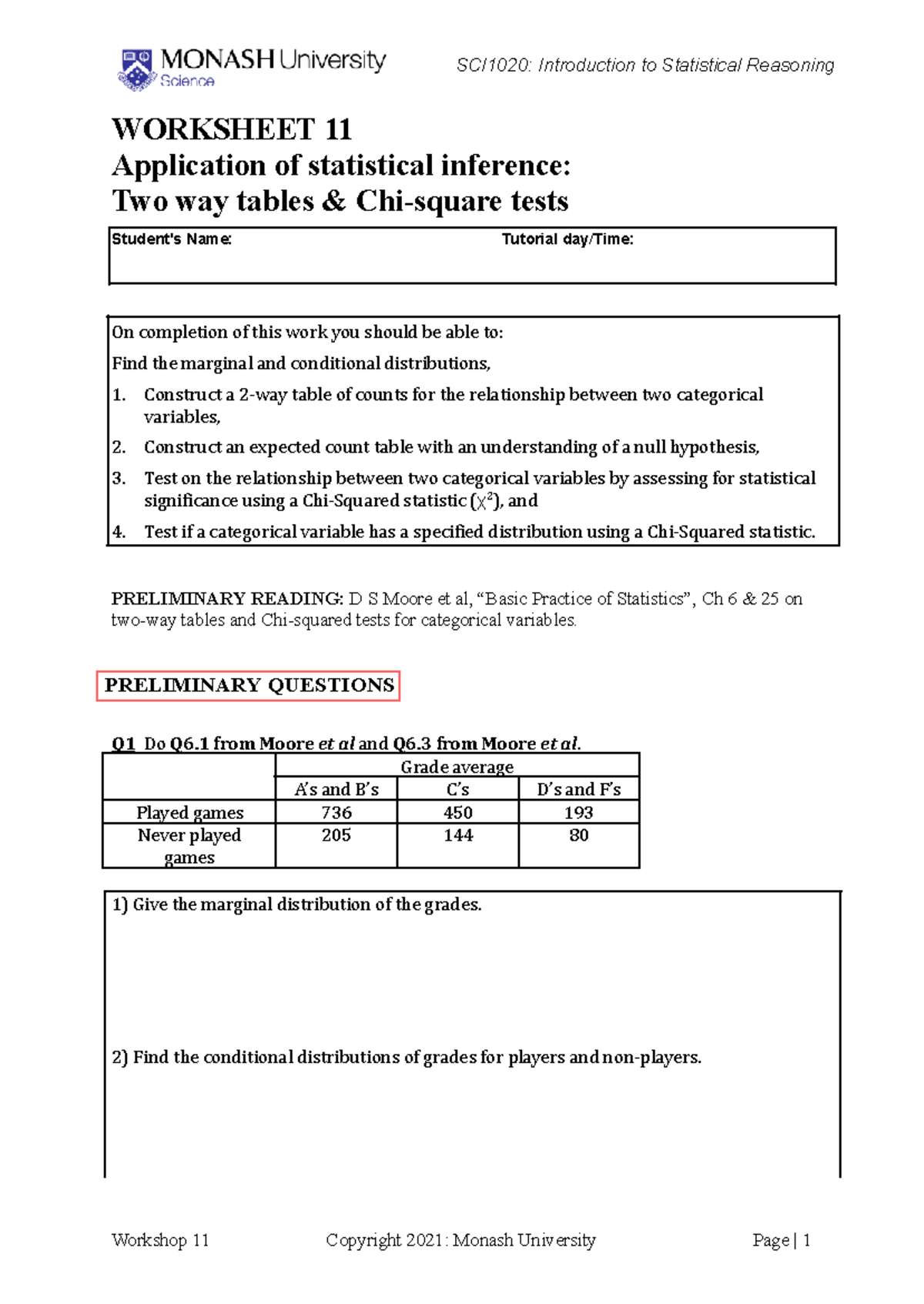 Stats worksheet 11 - SCI1020: Introduction to Statistical Reasoning ...