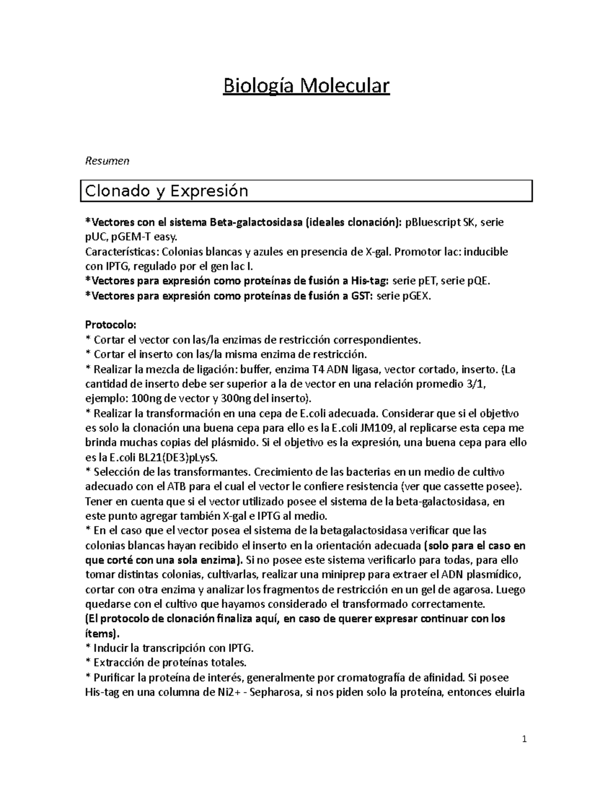 Resumen biología molecular - Molecular Resumen Clonado y con el sistema ...