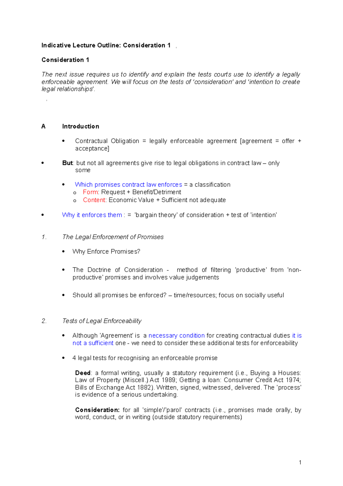 Consideration 1Outline 2018 19 - Indicative Lecture Outline: Consideration Consideration 1 The ...