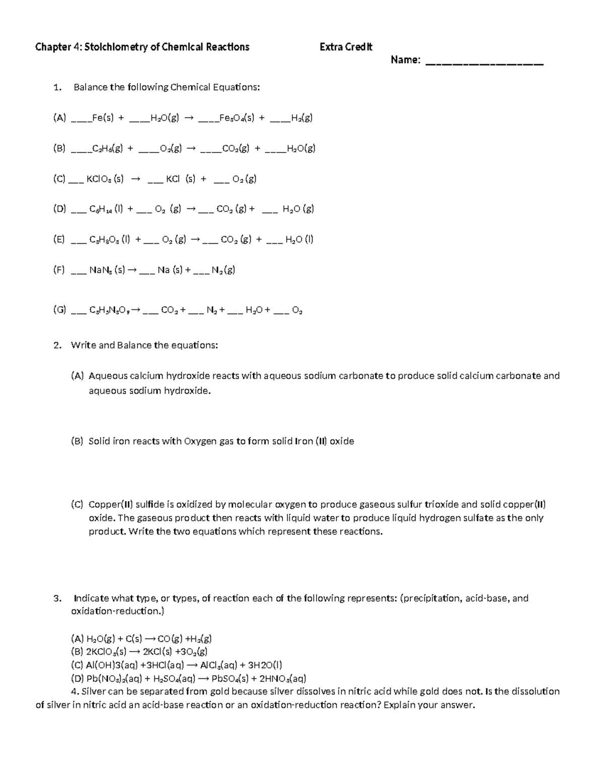 4 EC 2019 - Chapter 4 extra credit - Chapter 4: Stoichiometry of ...