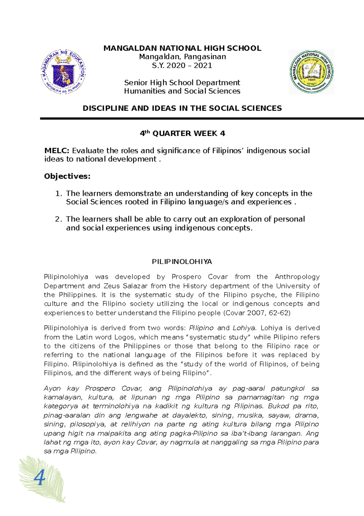 DISS-Week-4-Module 4th quarter - MANGALDAN NATIONAL HIGH SCHOOL ...