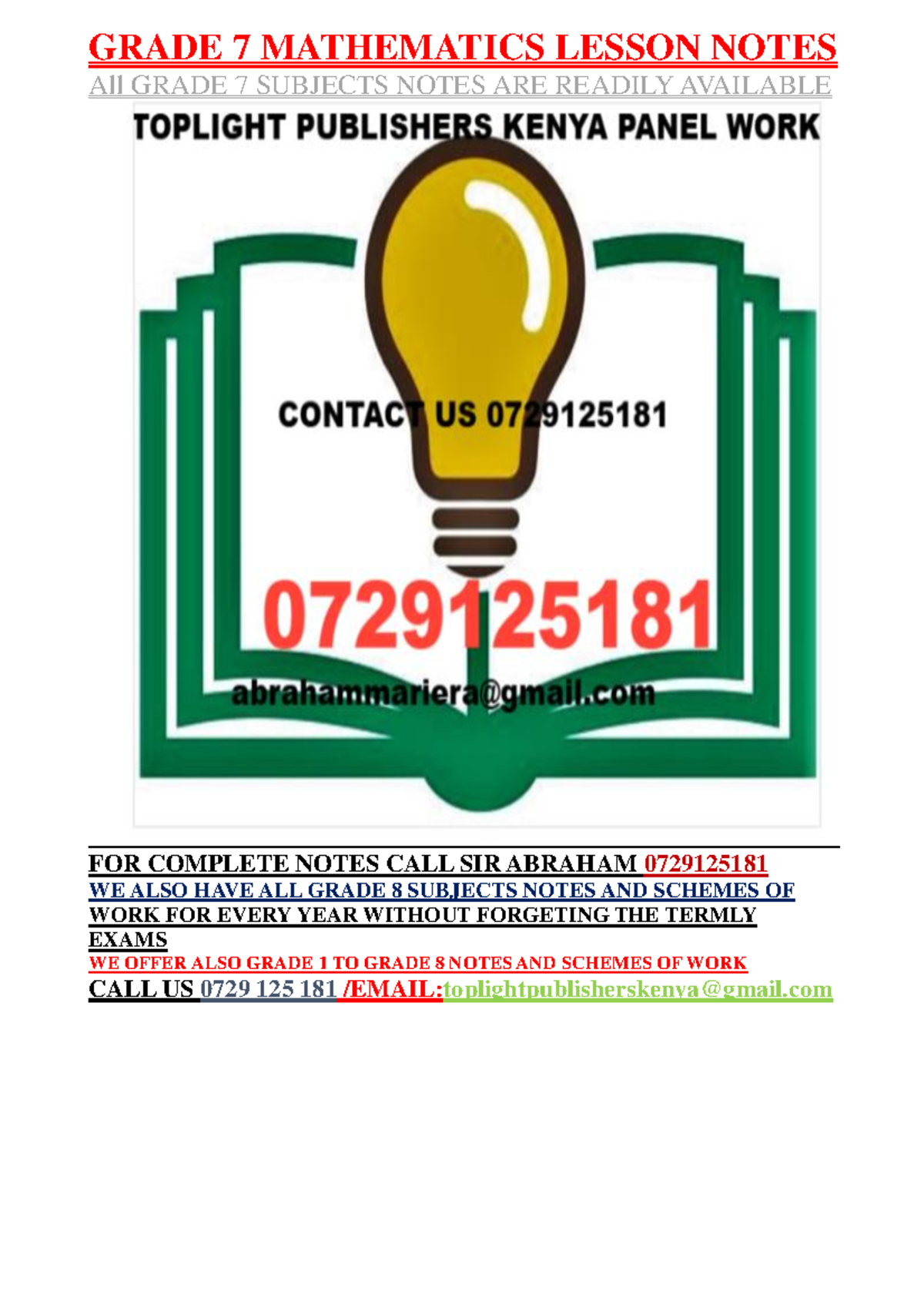 Grade 7 Mathematics Notes - GRADE 7 MATHEMATICS LESSON NOTES All GRADE ...