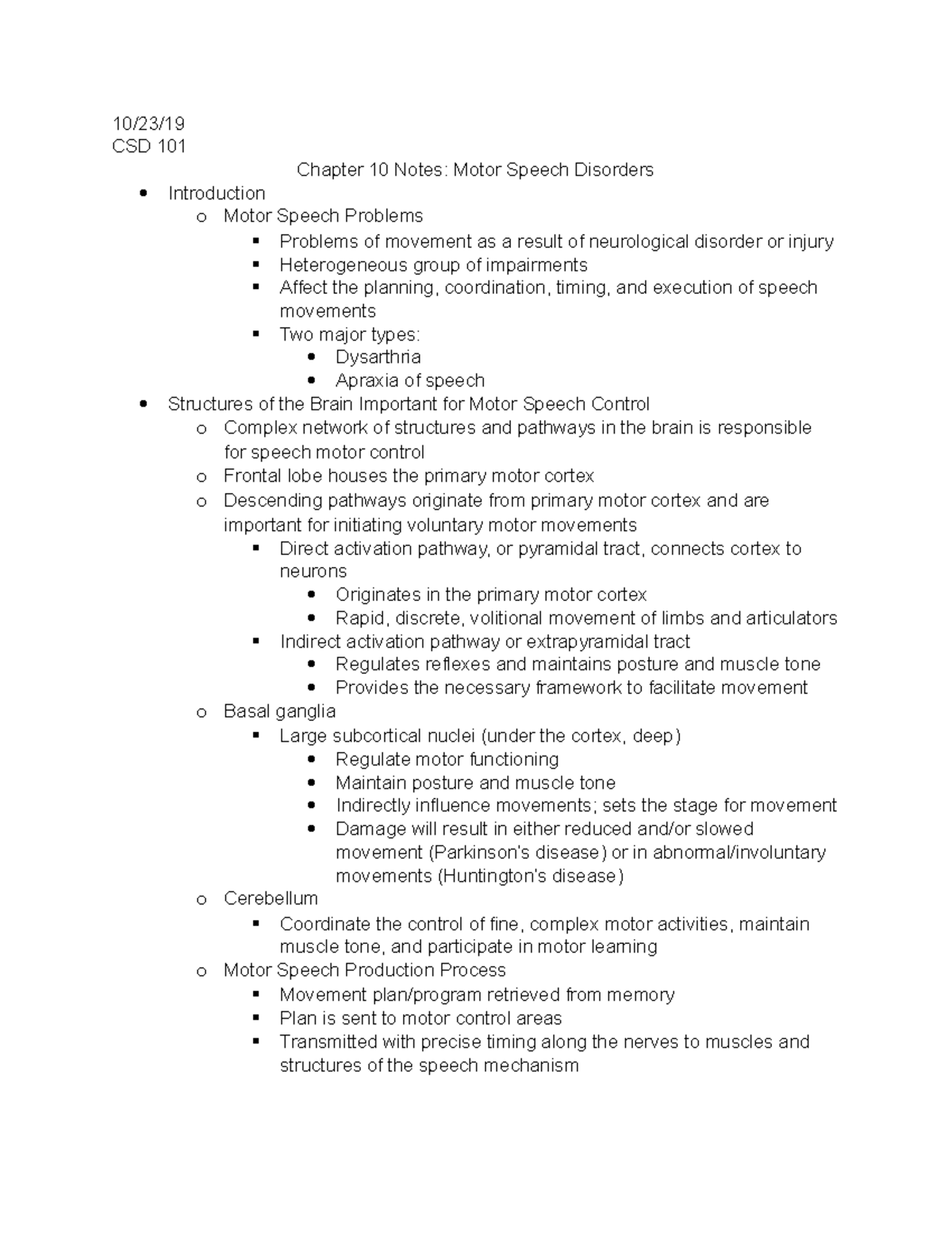 Chapter 10 Notes - 10/23/ CSD 101 Chapter 10 Notes: Motor Speech ...