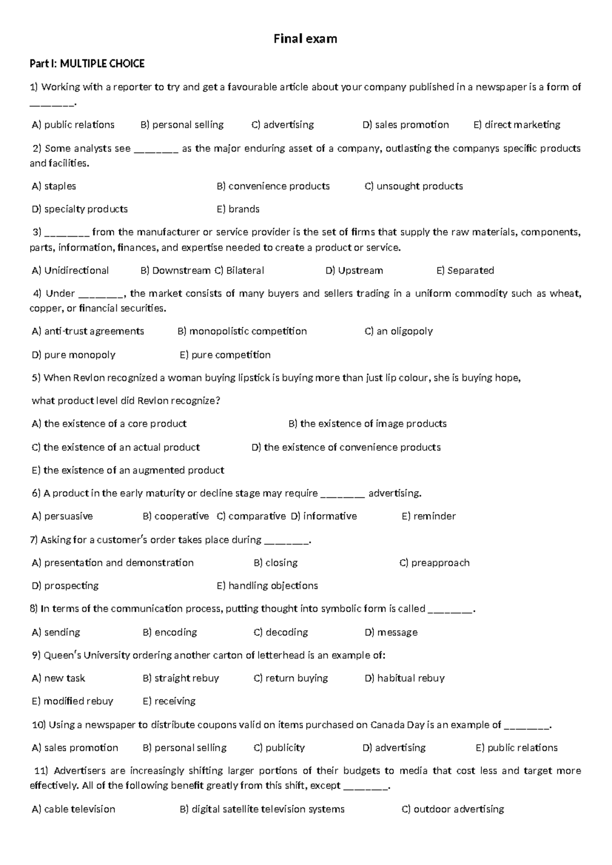 Final exam - note - Final exam Part I: MULTIPLE CHOICE Working with a ...