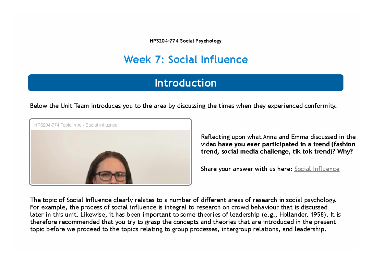 Social Influence - HPS204-774 Social Psychology Week 7: Social ...