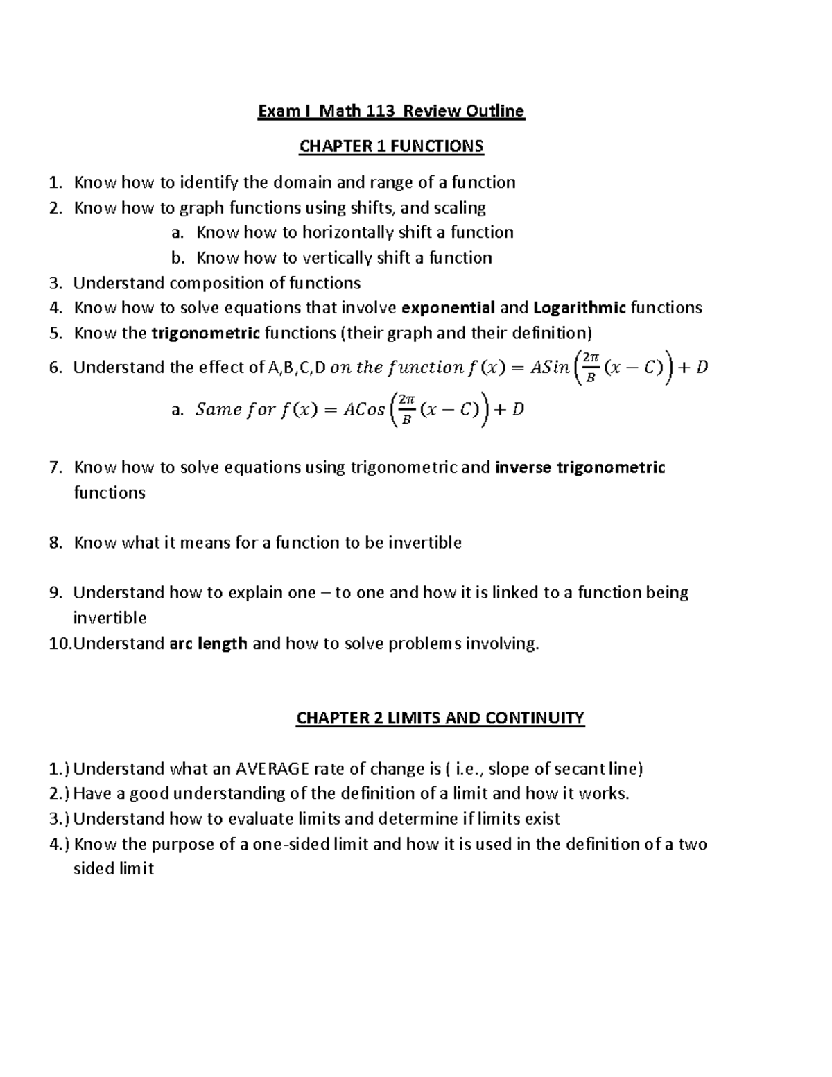 Exam I review outline - Fairchild - Exam I Math 113 Review Outline CHAPTER 1 FUNCTIONS Know how ...