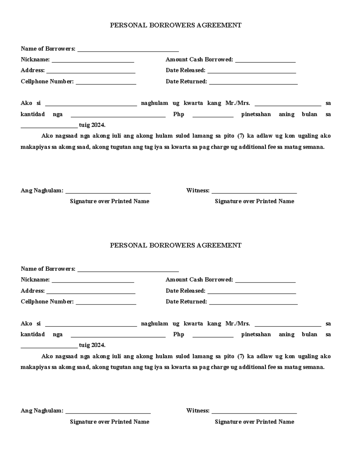 Printu - random - PERSONAL BORROWERS AGREEMENT Name of Borrowers