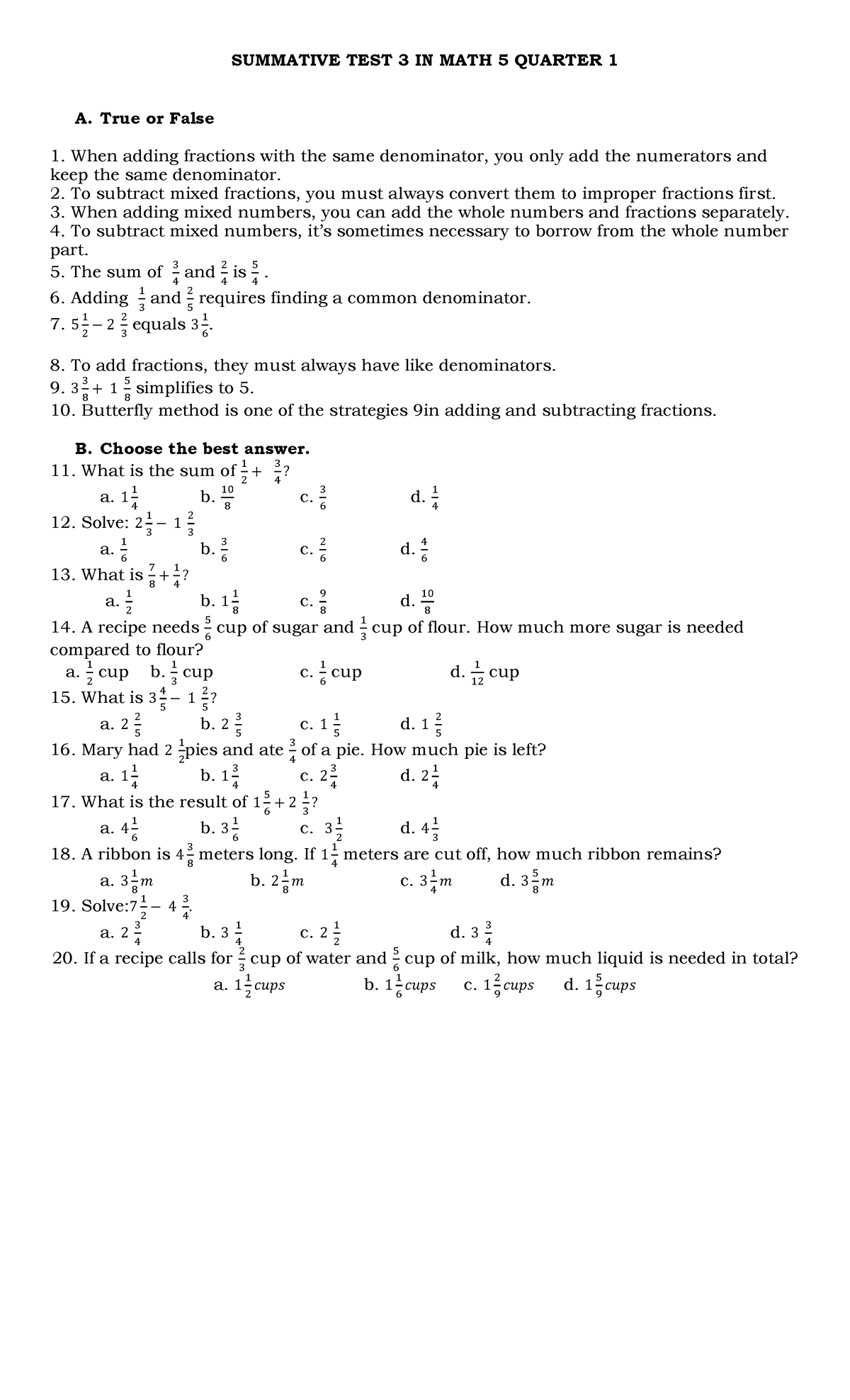 Summative Test Math - SUMMATIVE TEST 3 IN MATH 5 QUARTER 1 A. True or ...