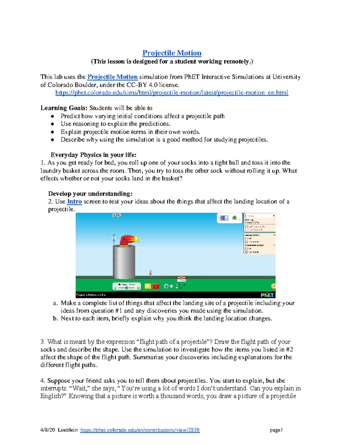 Projectile Motion Introduction Remote Lab - Projectile Motion (This ...