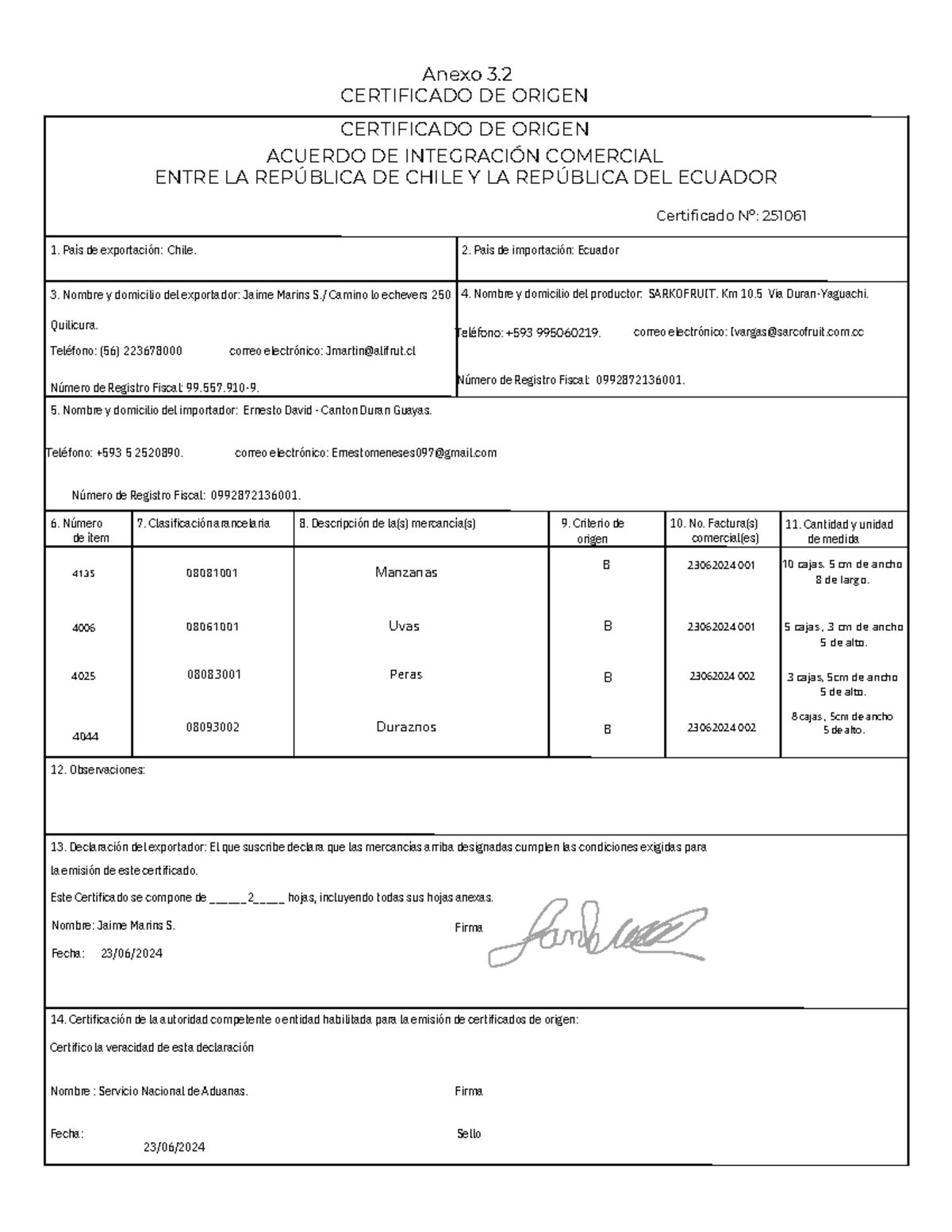Certificado de origen lleno - Anexo 3. CERTIFICADO DE ORIGEN CERTIFICADO DE ORIGEN ACUERDO DE ...