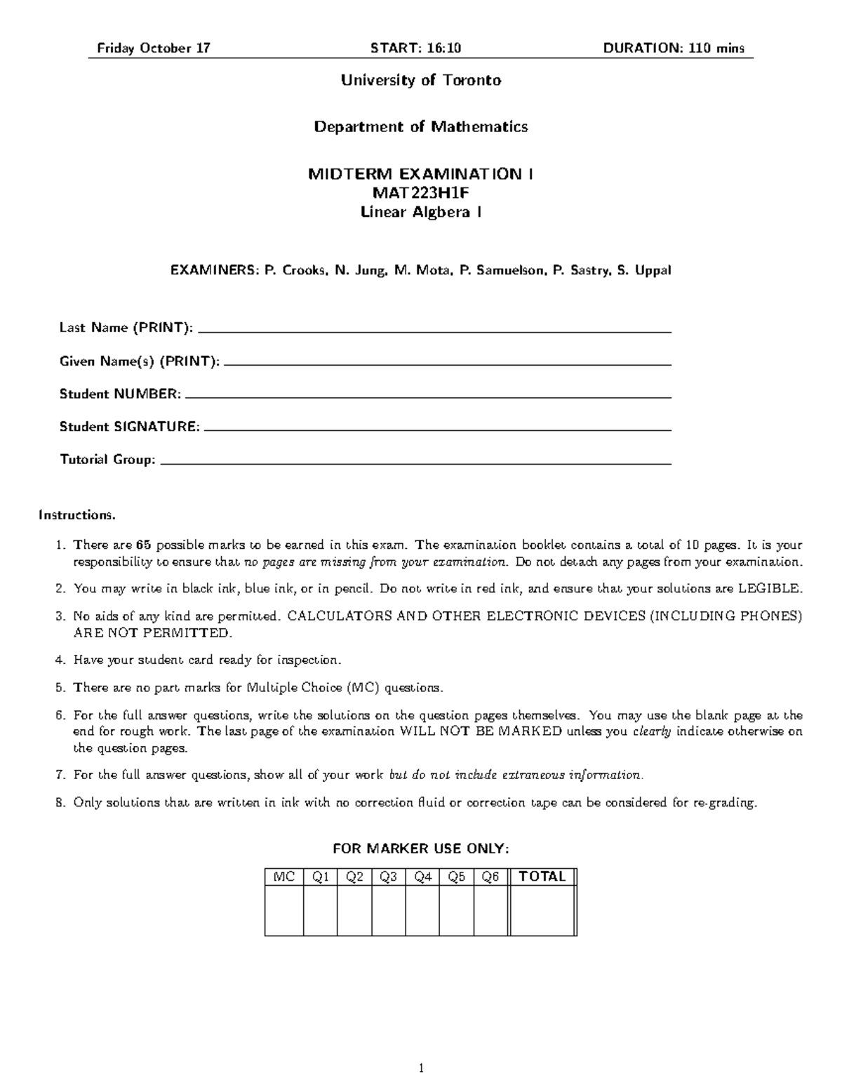 Exam 2014, questions and answers - 2014 midterm - Friday October 17 START: 16:10 DURATION: 110 ...