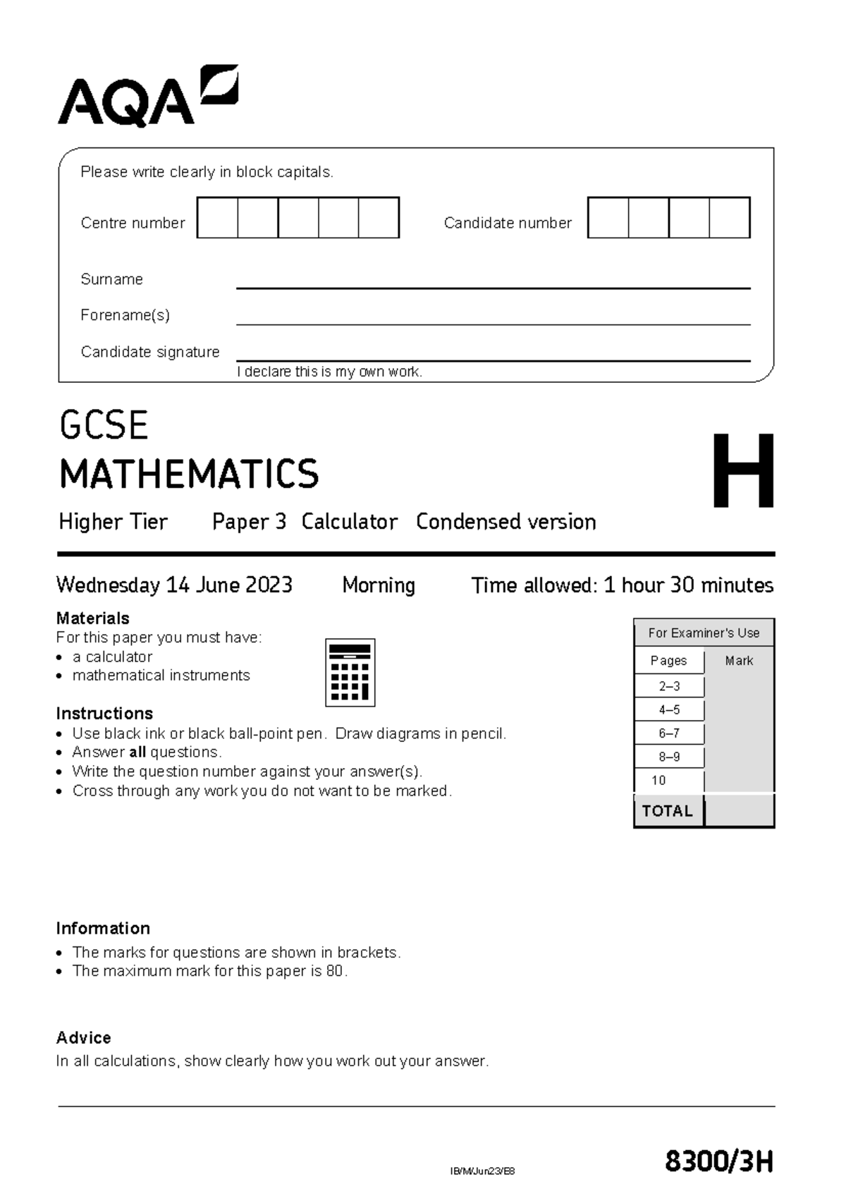2023 Higher Paper 3 - IB/M/Jun23/E8 8300/3H For Examiner’s Use Pages ...