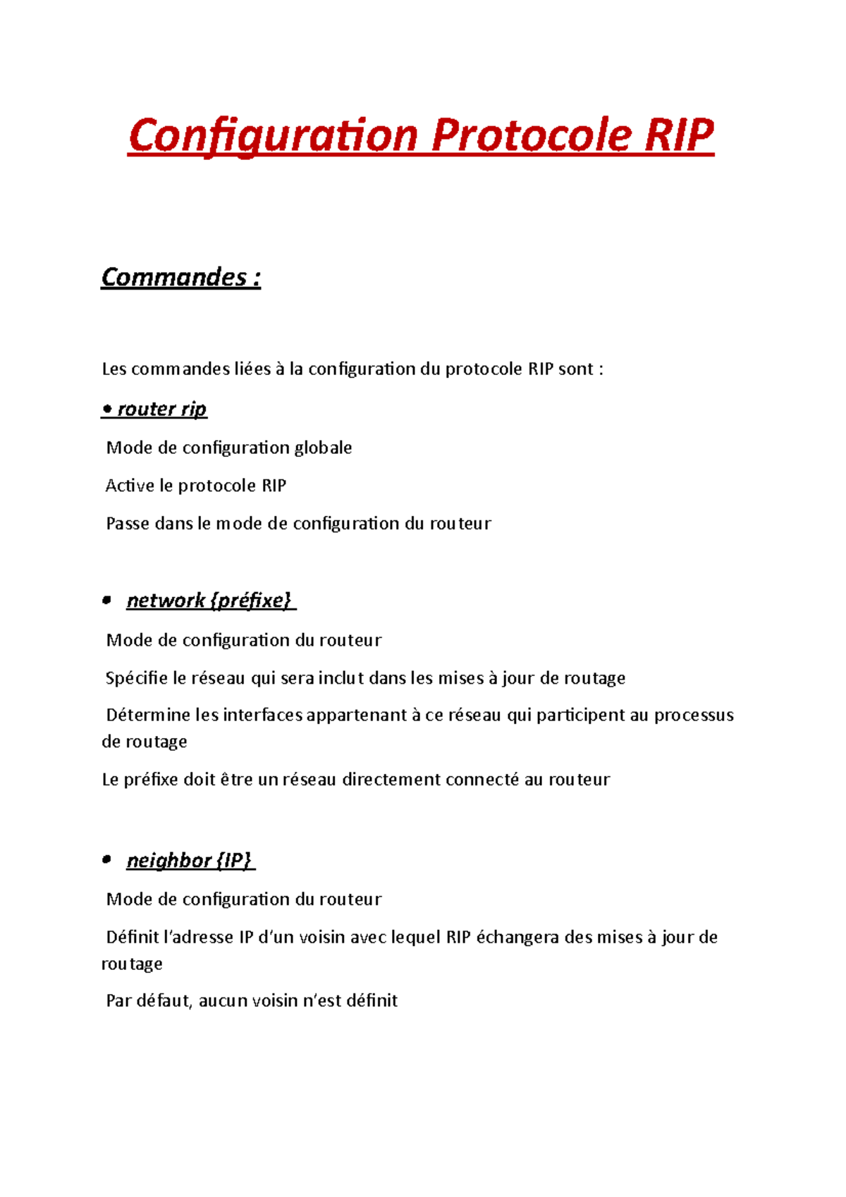 Configuration Protocole RIP - Configuration Protocole RIP Commandes ...