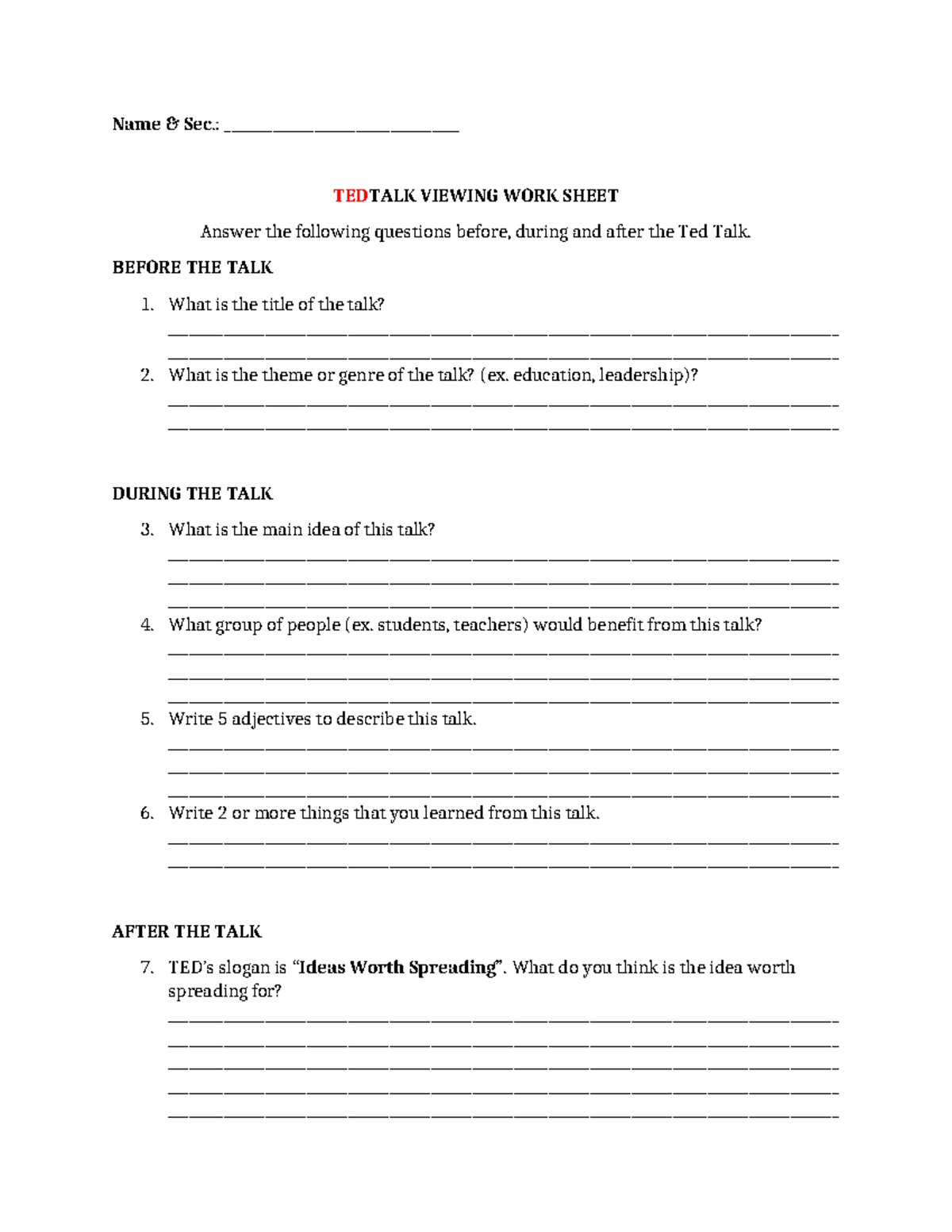Tedtalk-Work-Sheet - Name & Sec ...