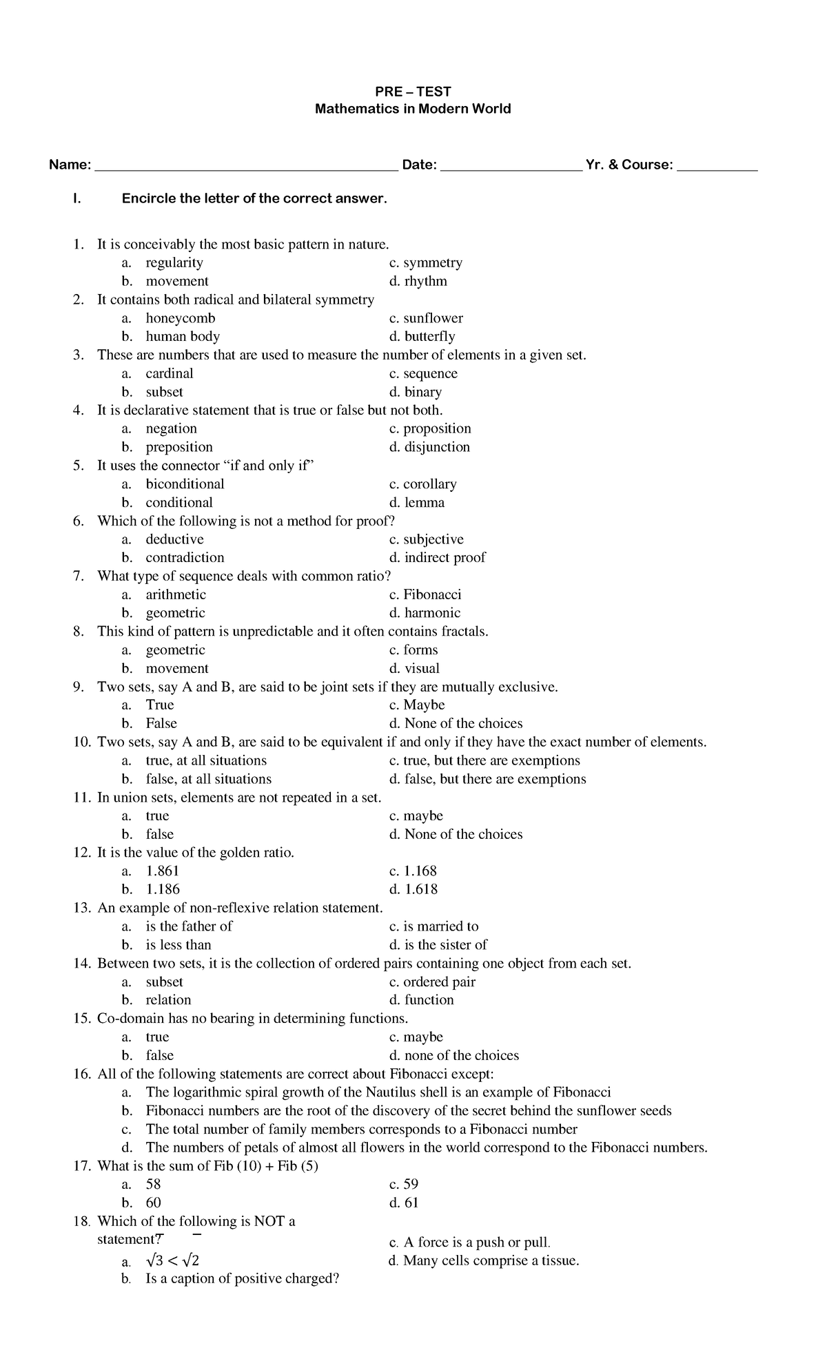 PRE TEST IN Modern World Mathematics - PRE – TEST Mathematics in Modern ...