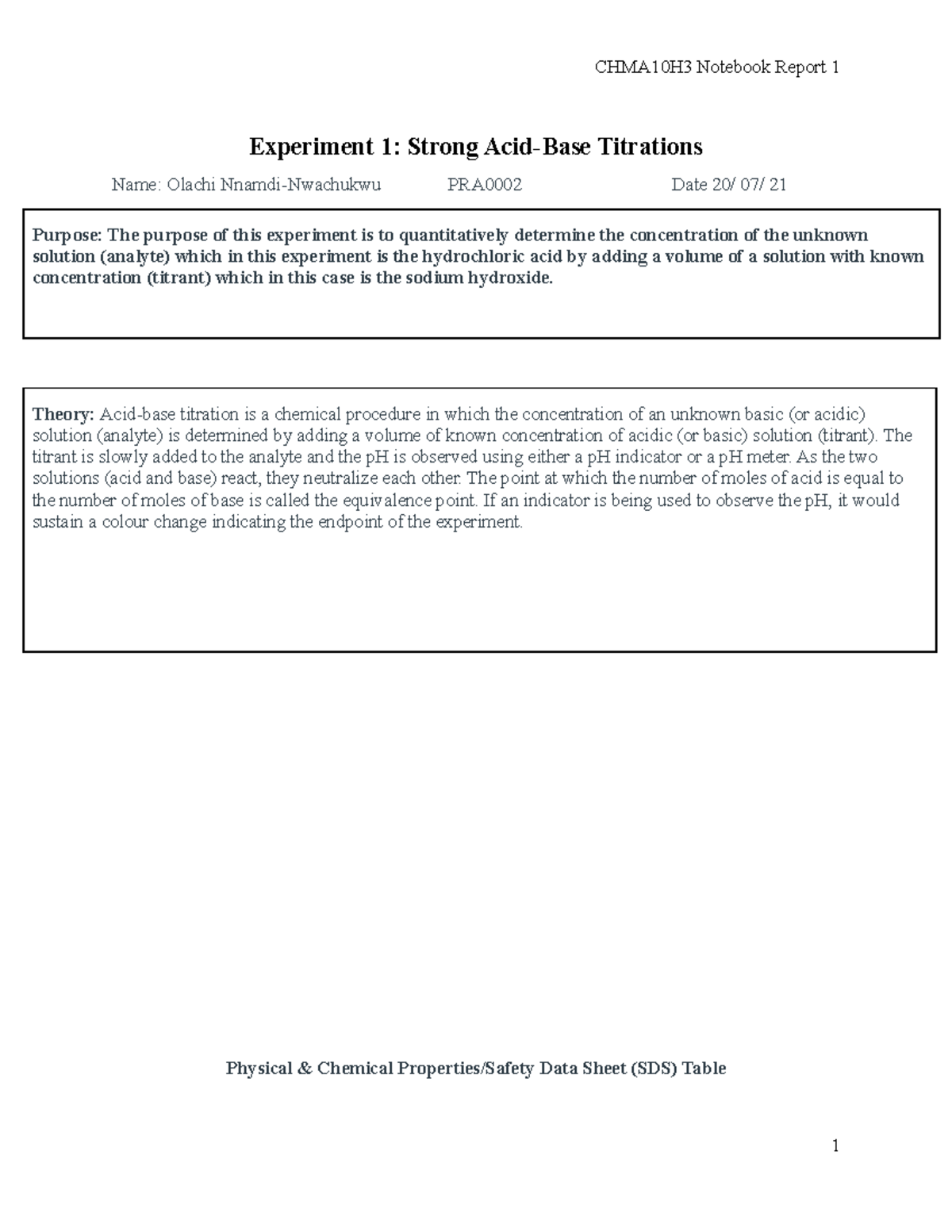 Experiment 1 Notebook Report Template - Experiment 1: Strong Acid-Base ...