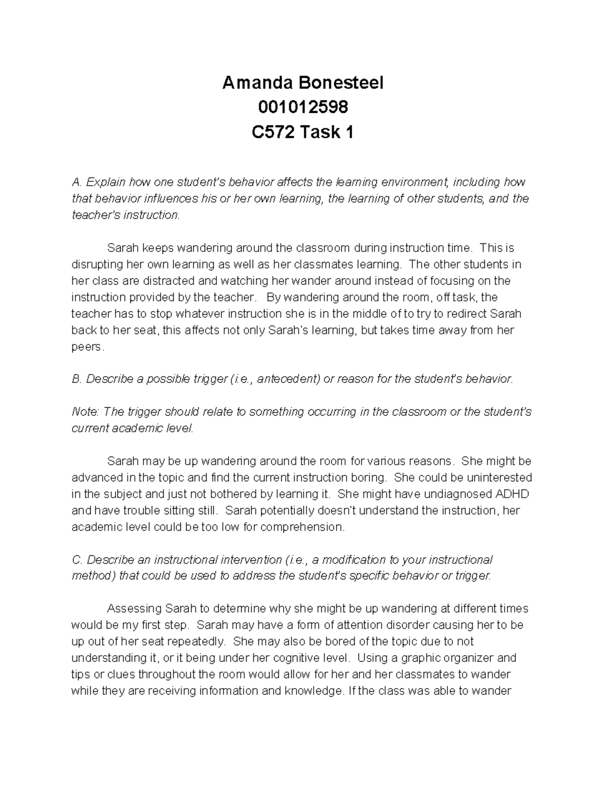 Task 1 C572 WGU Classroom Management, Engagement and Motivation ...