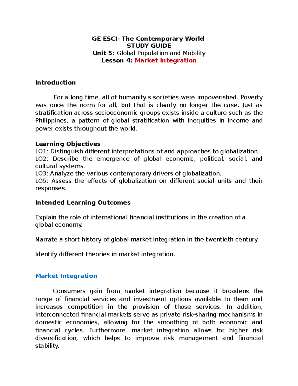 Lesson 4 Market Integration - GE The Contemporary World STUDY GUIDE ...