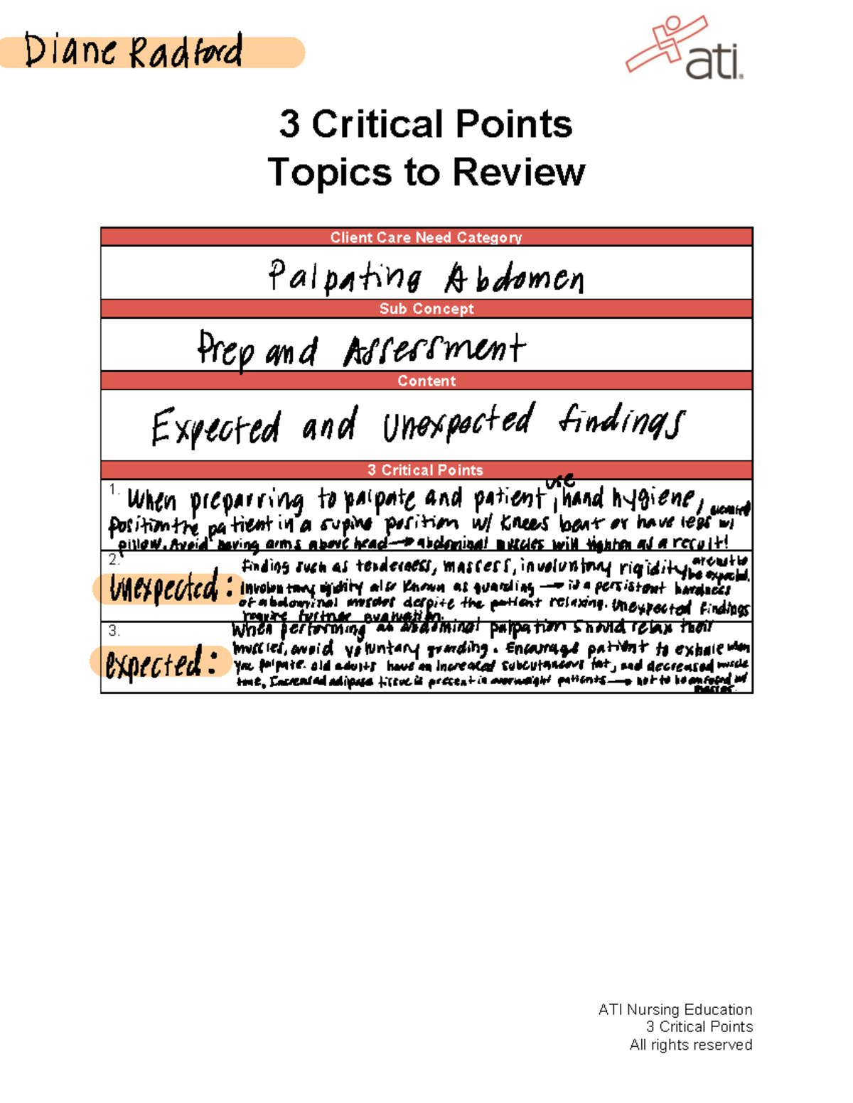 Diane Radford ATI - ATI Nursing Education 3 Critical Points All rights ...