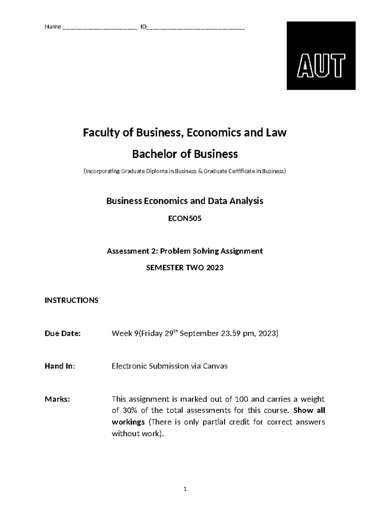 ECON505 Assessment 2 Problem Solving Assignment - 2023 -Final Canvas Copy - Faculty of Business ...