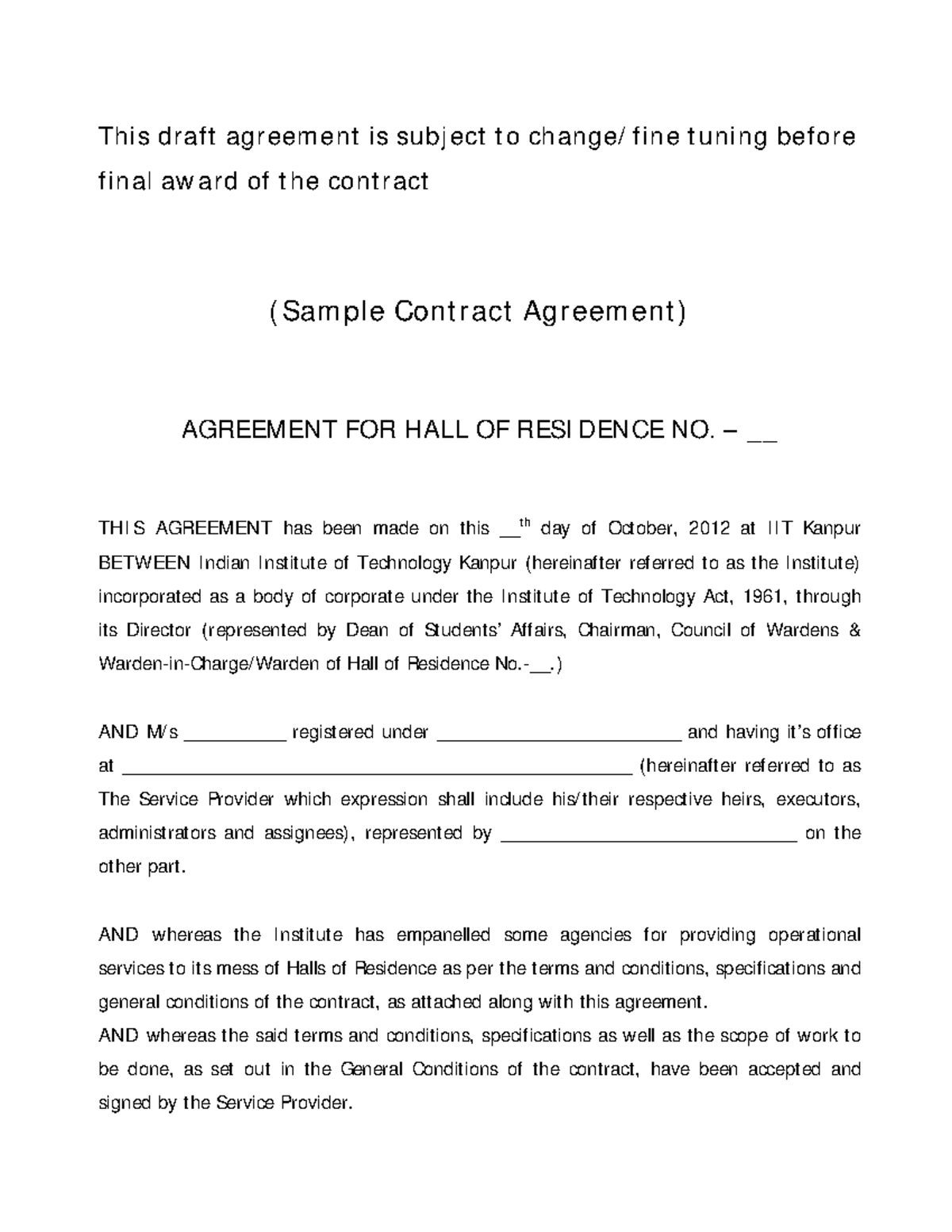 Contract document - This draft agreement is subject to change/ fine ...