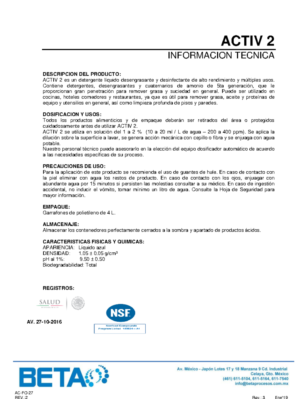 Activ 2 FT - HDS QUIMICO - ACTIV 2 INFORMACION TECNICA DESCRIPCION DEL ...