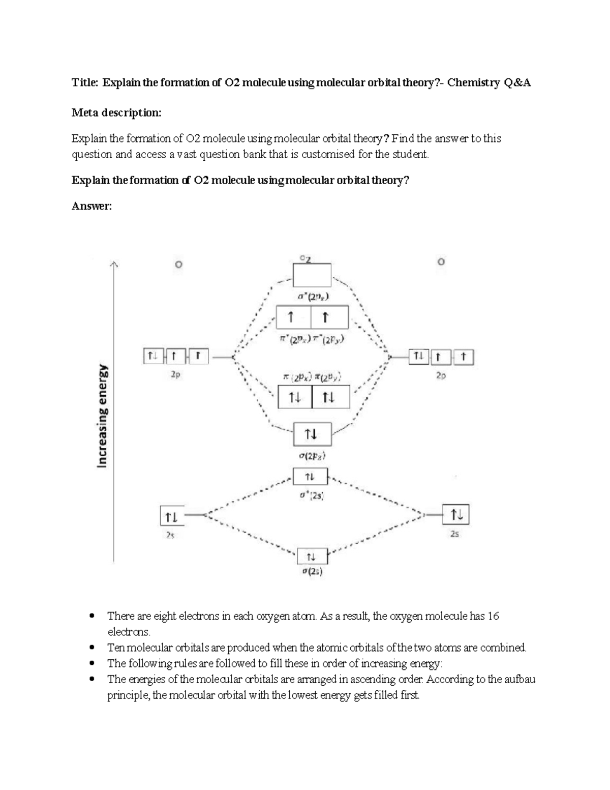 26 Explain The Formation Of {o 2} Molecule Using Molecular Orbital