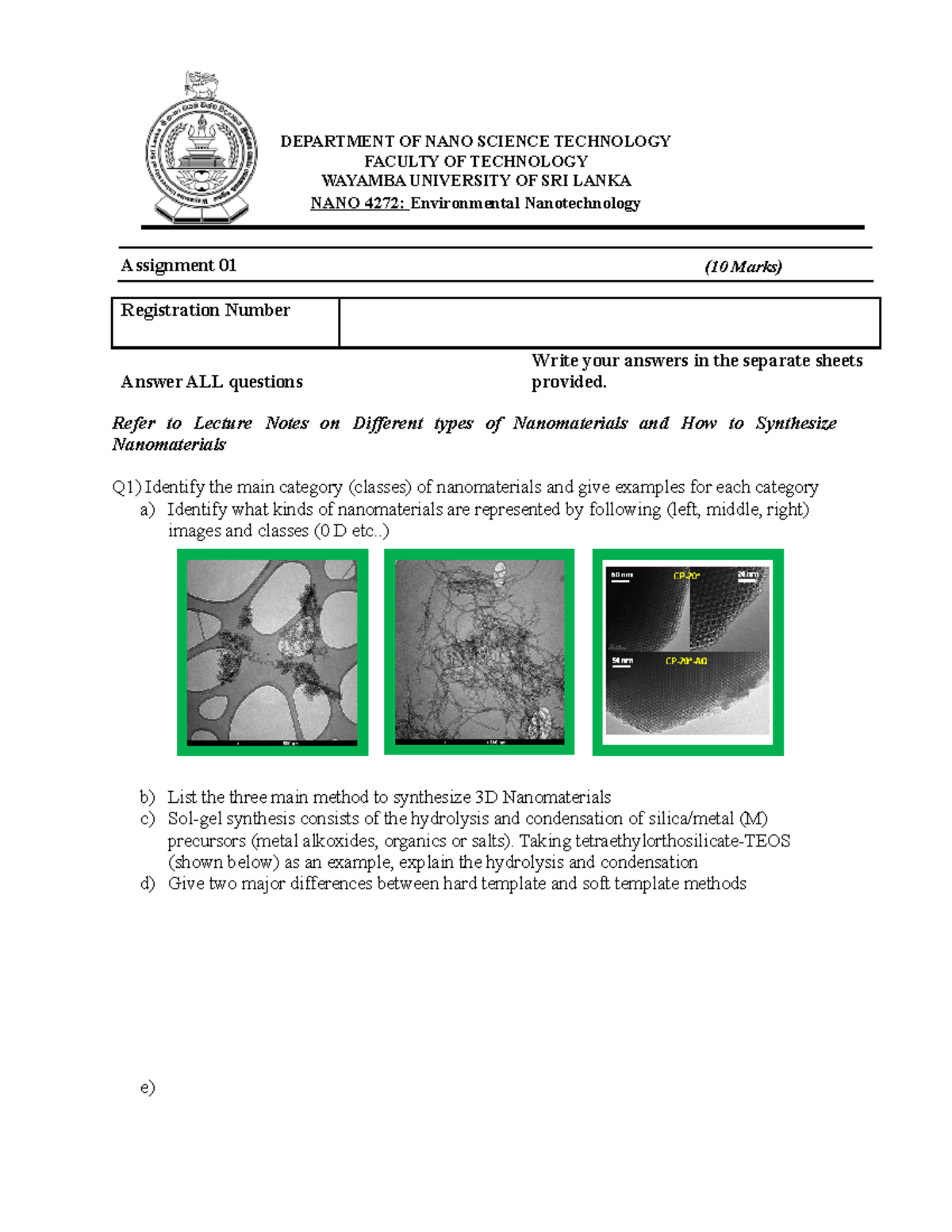 Assignment 01 Environmental Nanotechnology Nano 4272 - DEPARTMENT OF ...