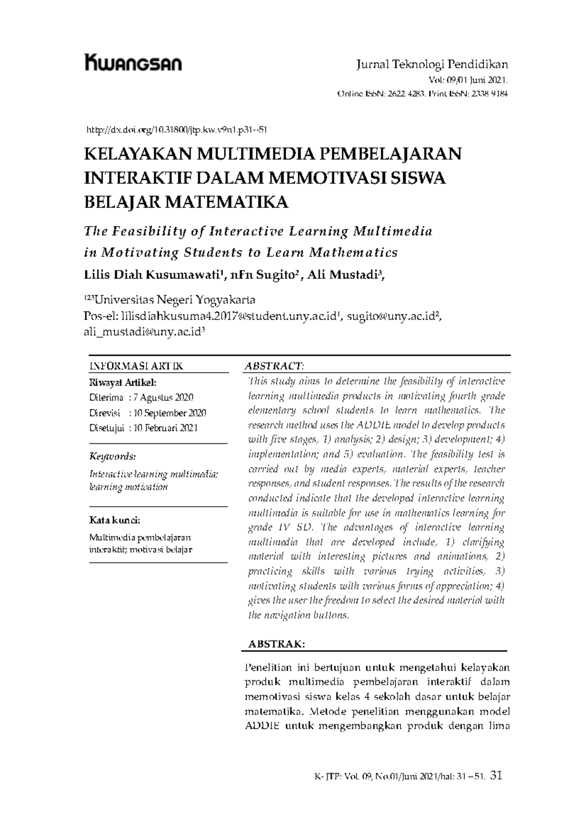 224 2191 4 PB - manajemen - dx.doi/10.31800/jtp.kw.v9n1.p31- KELAYAKAN MULTIMEDIA PEMBELAJARAN ...