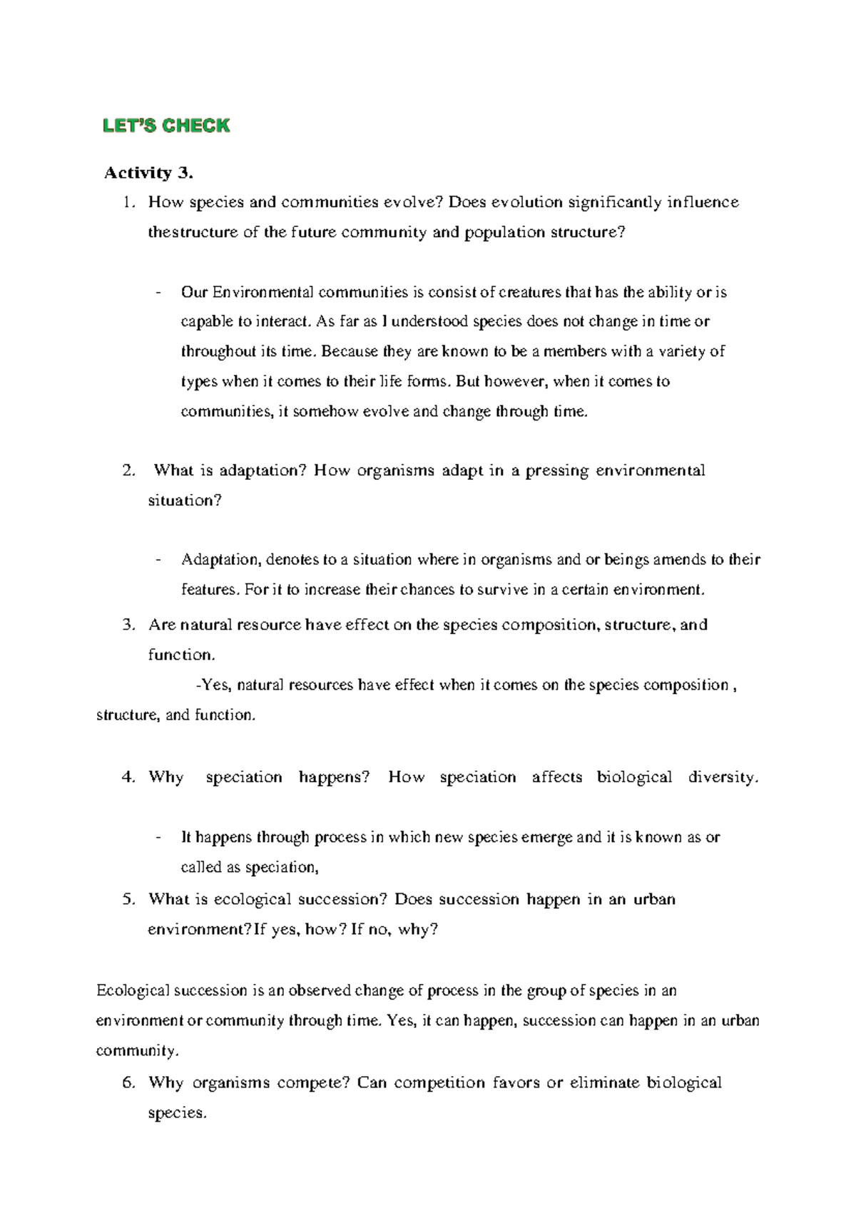 GE15 Environmental science WEEK 4-5 Answer - Activity 3. 1. How species ...